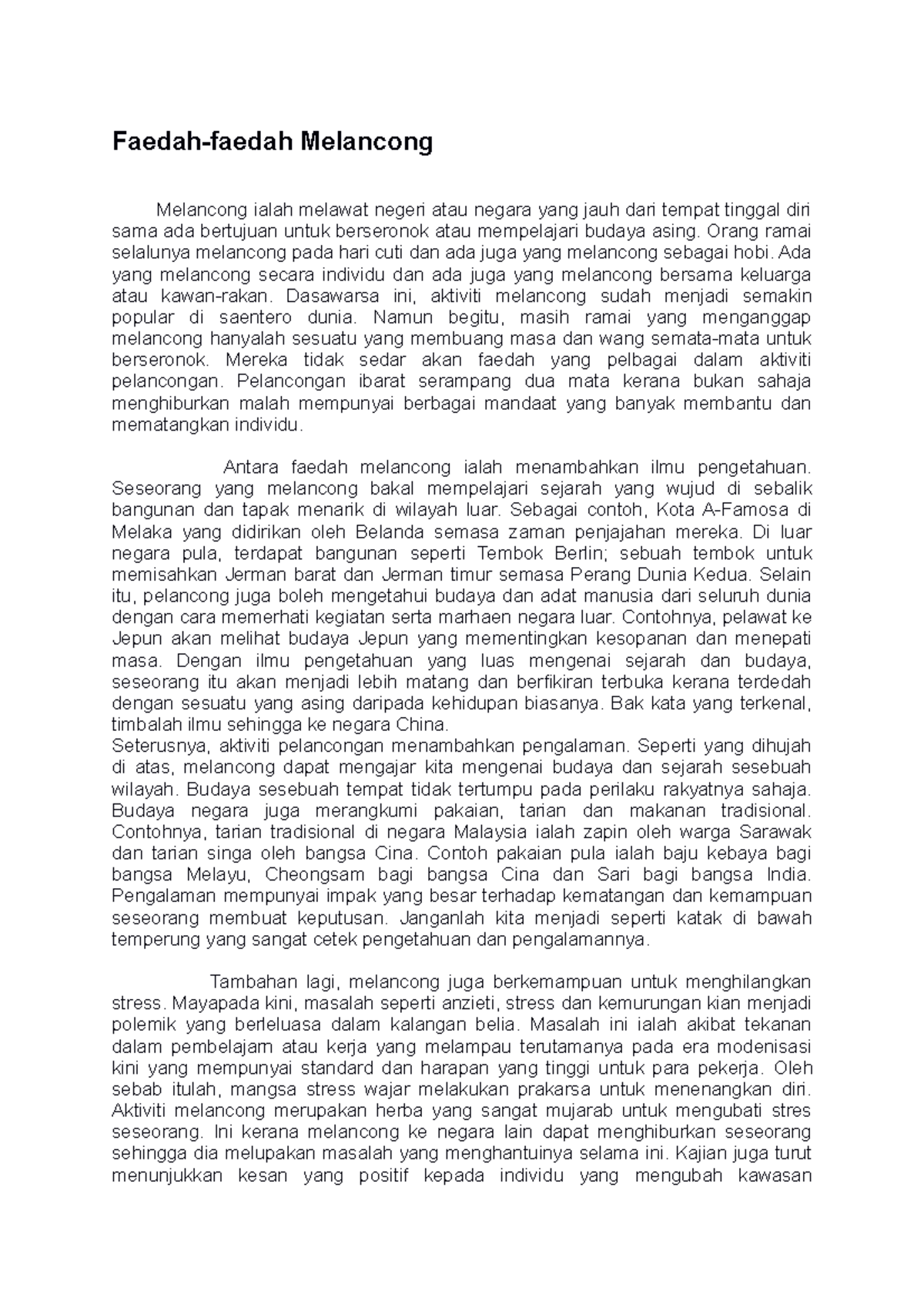 Faedah Melancong - MENENGAH - Faedah-faedah Melancong Melancong ialah ...
