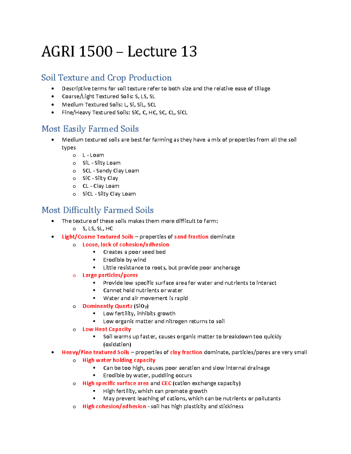 Lecture 13 - Soil Texture and Crop Production - AGRI 1500 – Lecture 13 ...