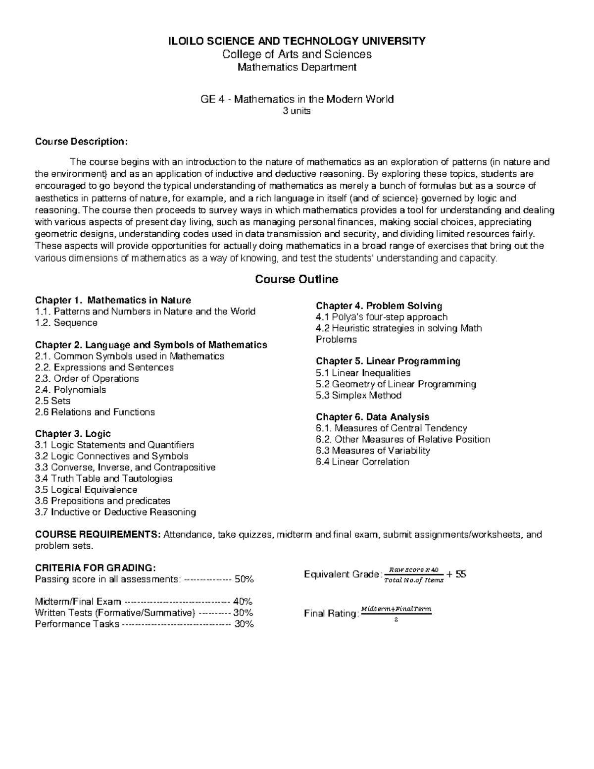 Course Outline GE 4 - asdasdasdasdassd - ILOILO SCIENCE AND TECHNOLOGY ...
