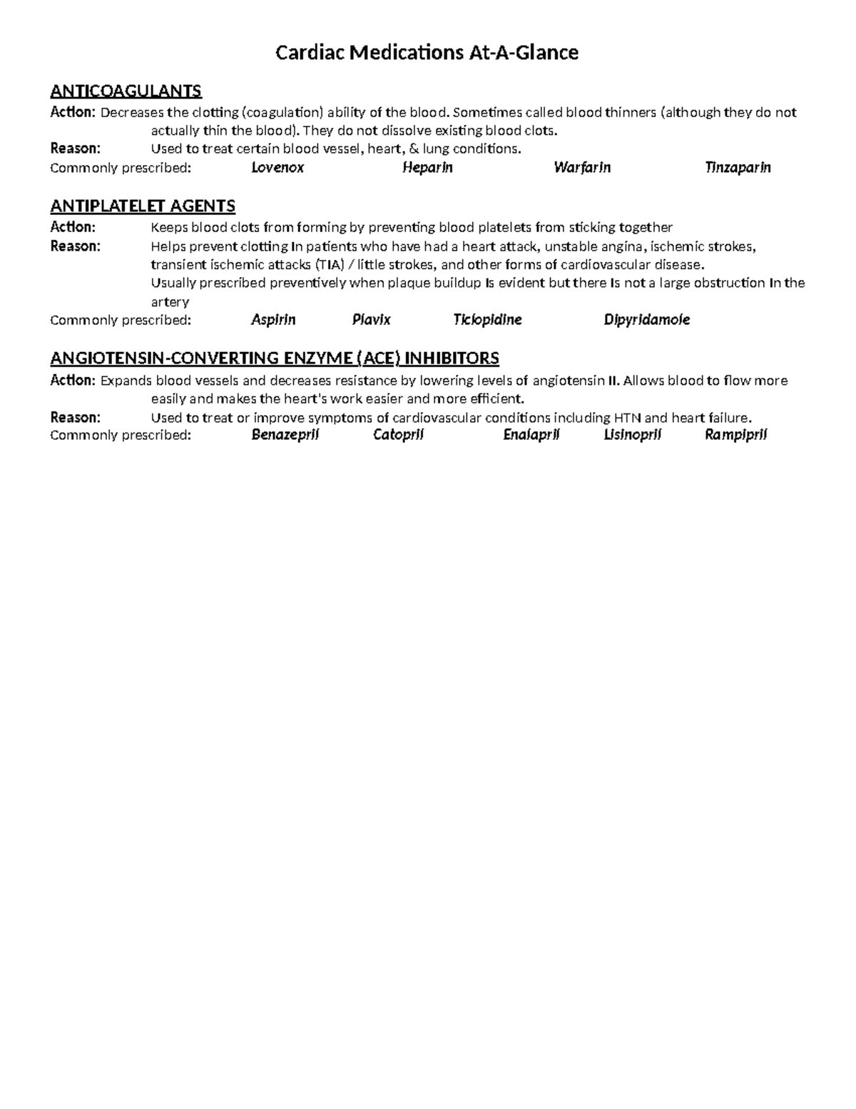 Cardiac Medications At a Glance - Cardiac Medicaons At-A-Glance ...