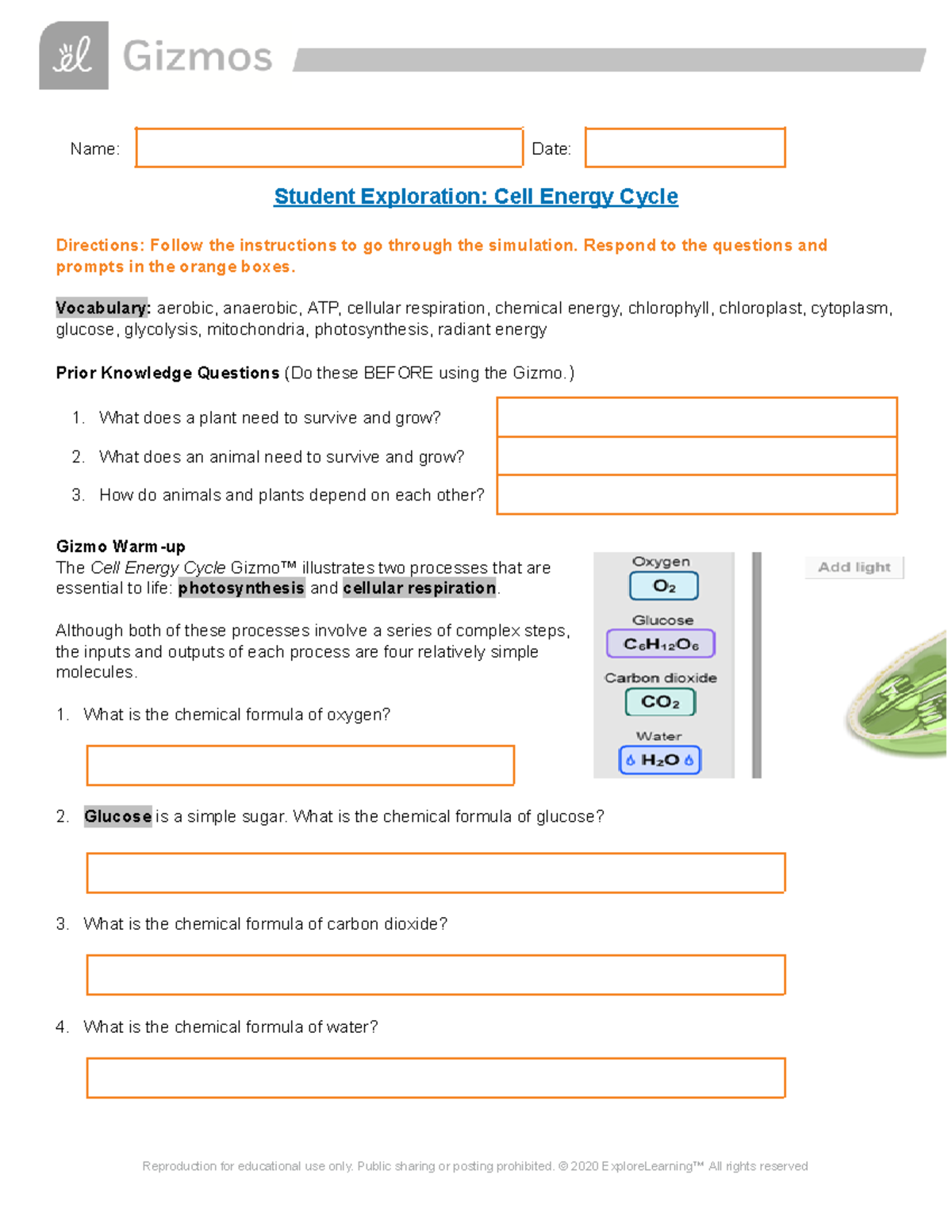 Copy of Cell Energy SE - Name: Date: Student Exploration: Cell Energy ...