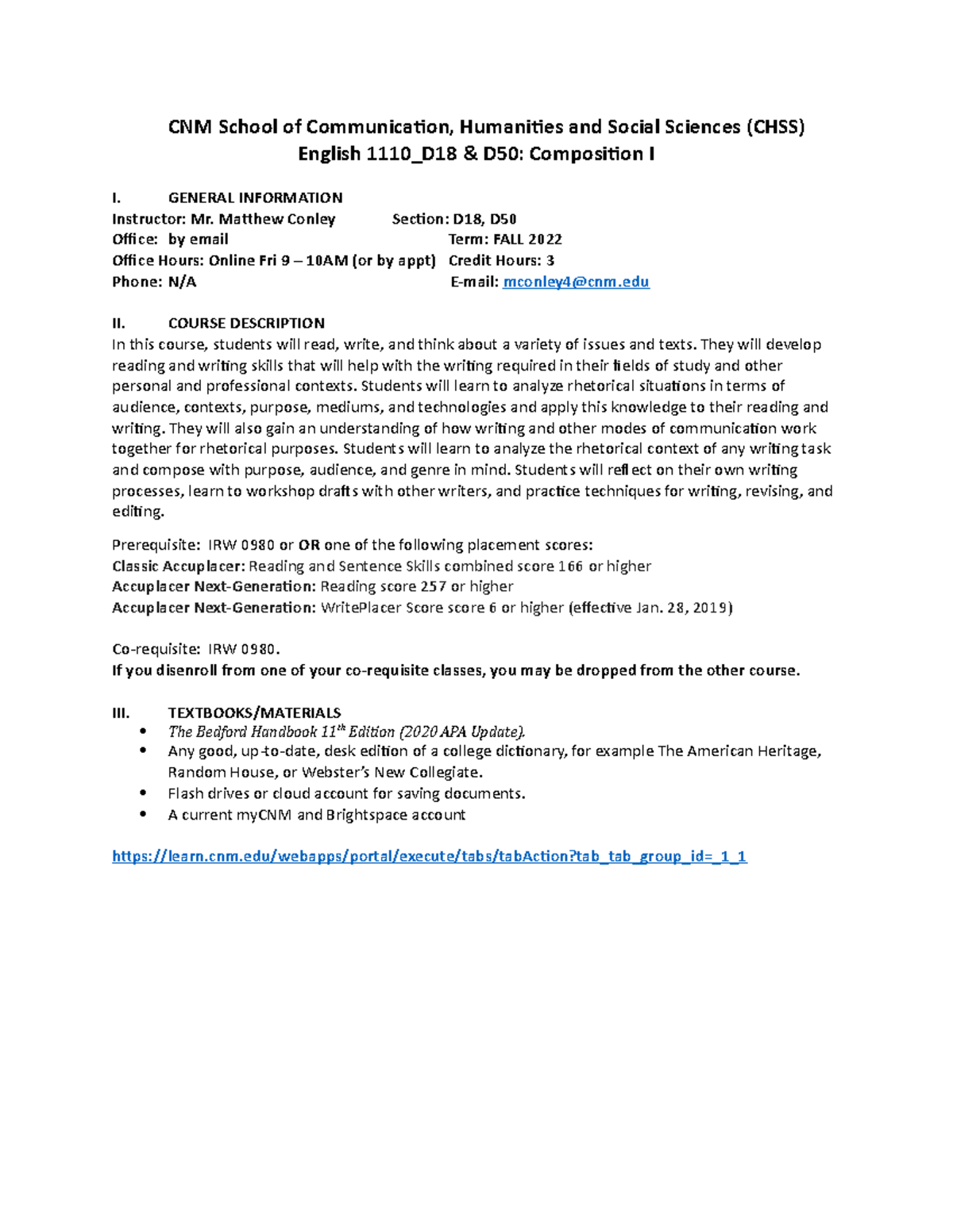 Engl1110syllabusfall 2022 - CNM School of Communication, Humanities and ...