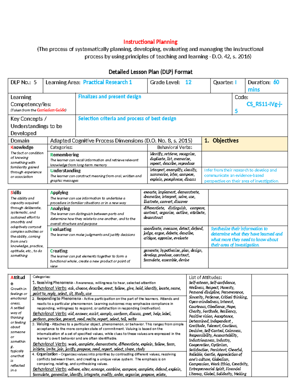 detailed lesson plan format for secondary teachers in the department of ...