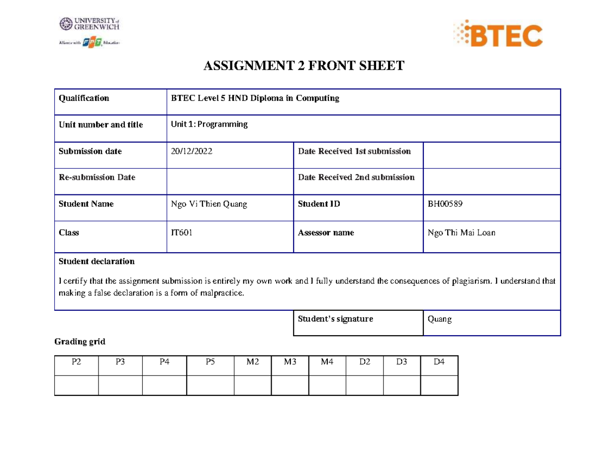 Assignment 2 complete - All in the file - ASSIGNMENT 2 FRONT SHEET ...