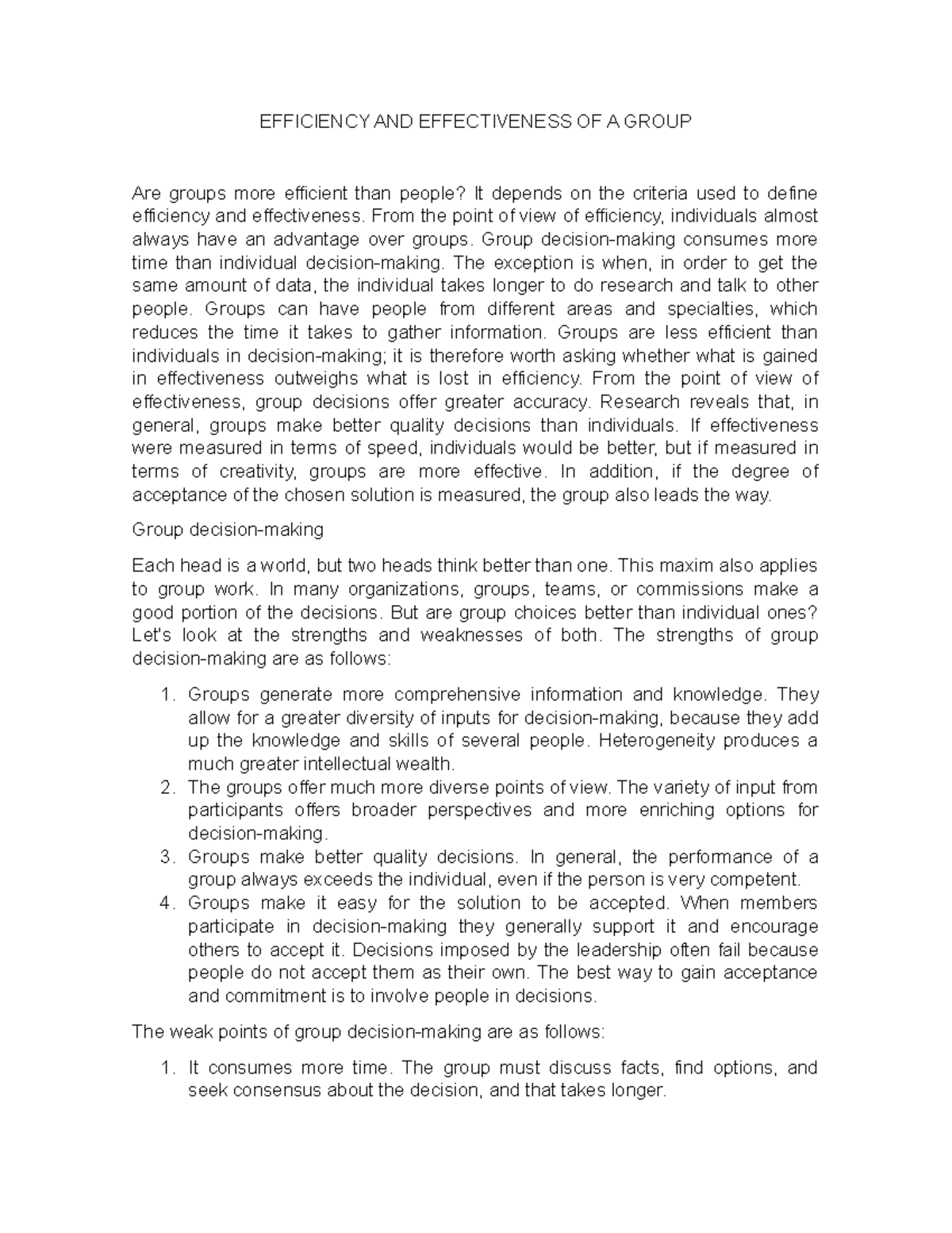 EFFICIENCY AND EFFECTIVENESS OF A GROUP - From the point of view of ...