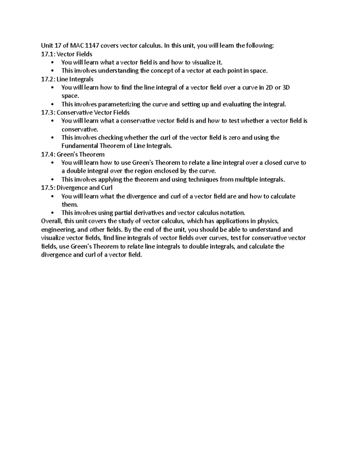 Unit 17 of MAC 1147 - Unit 17 Notes - Unit 17 of MAC 1147 covers vector ...