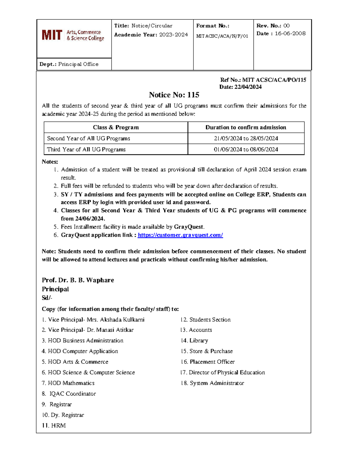 Sy ty ug admission notice 2024 25 - Title: Notice/Circular Academic ...
