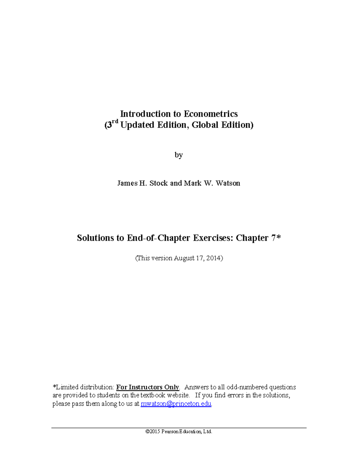 Stock Watson 3U Exercise Solutions Chapter 7 Instructors - Introduction to Econometrics rd (3 ...