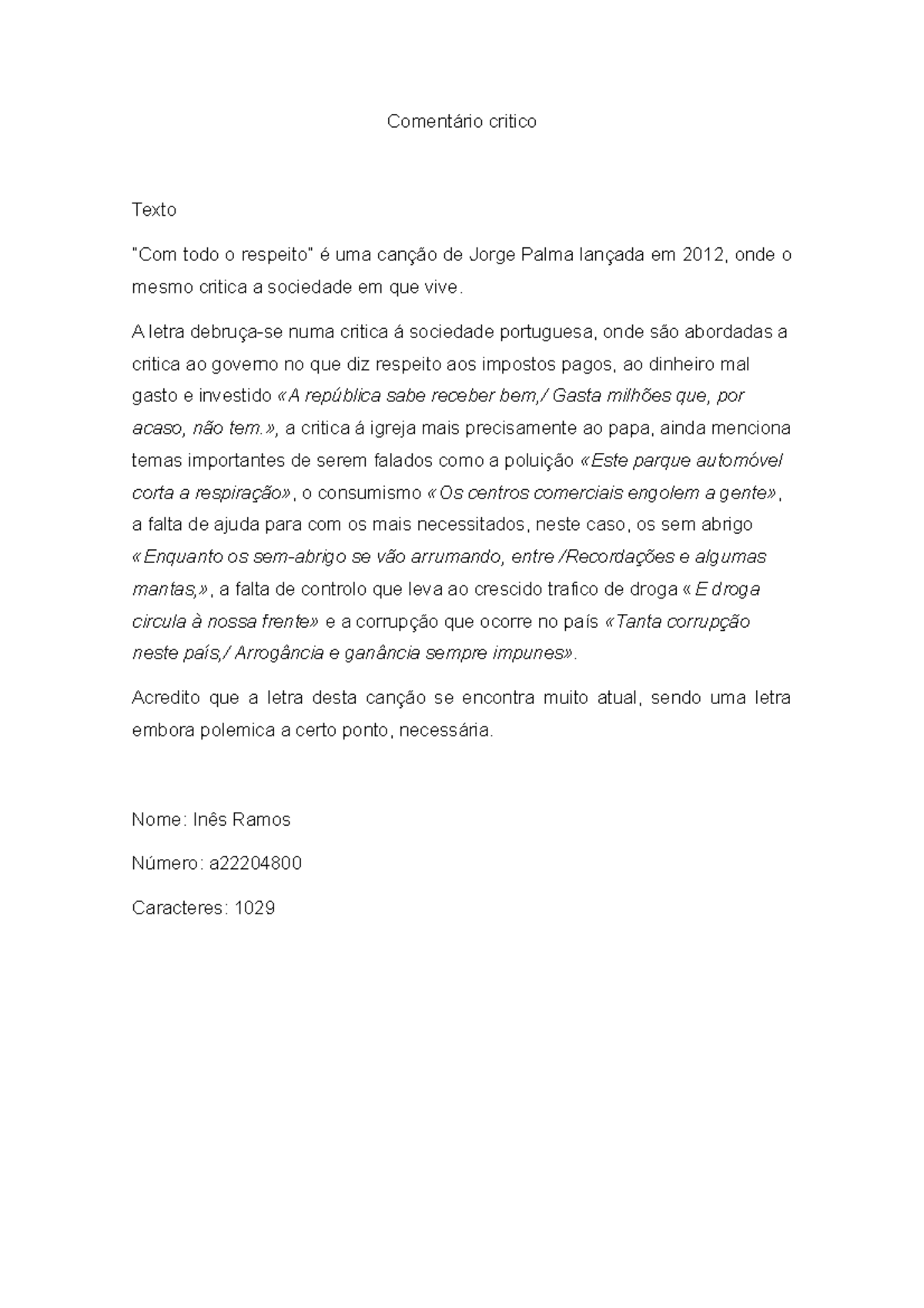 Critica - MMKN - Comentário critico Texto “Com todo o respeito” é uma ...