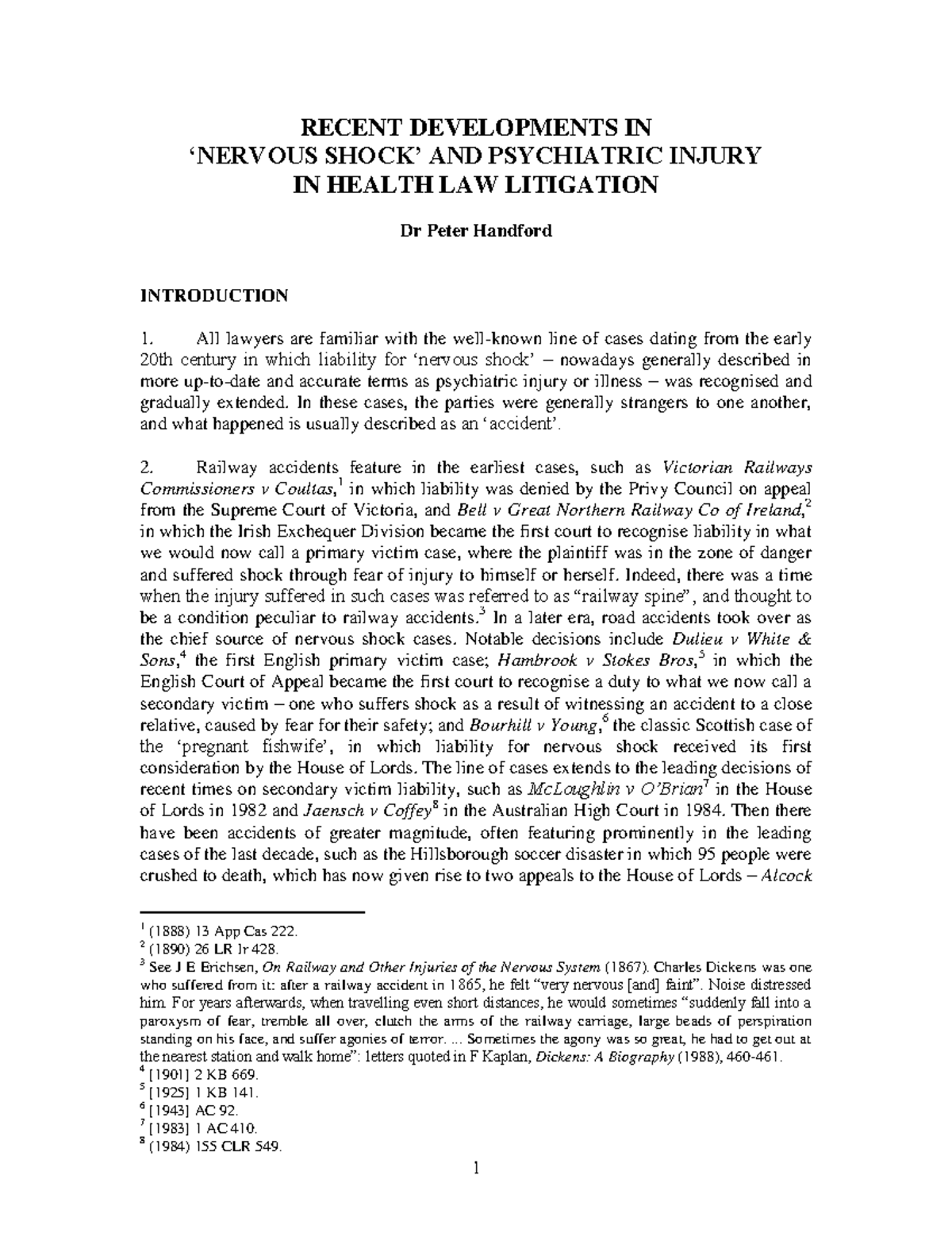 Nervous shock - RECENT DEVELOPMENTS IN ‘NERVOUS SHOCK’ AND PSYCHIATRIC ...