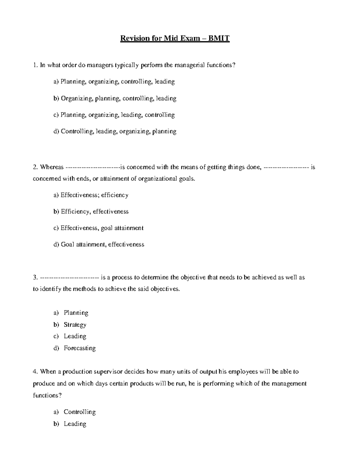 Revision for Mid Exam - In what order do managers typically perform the ...