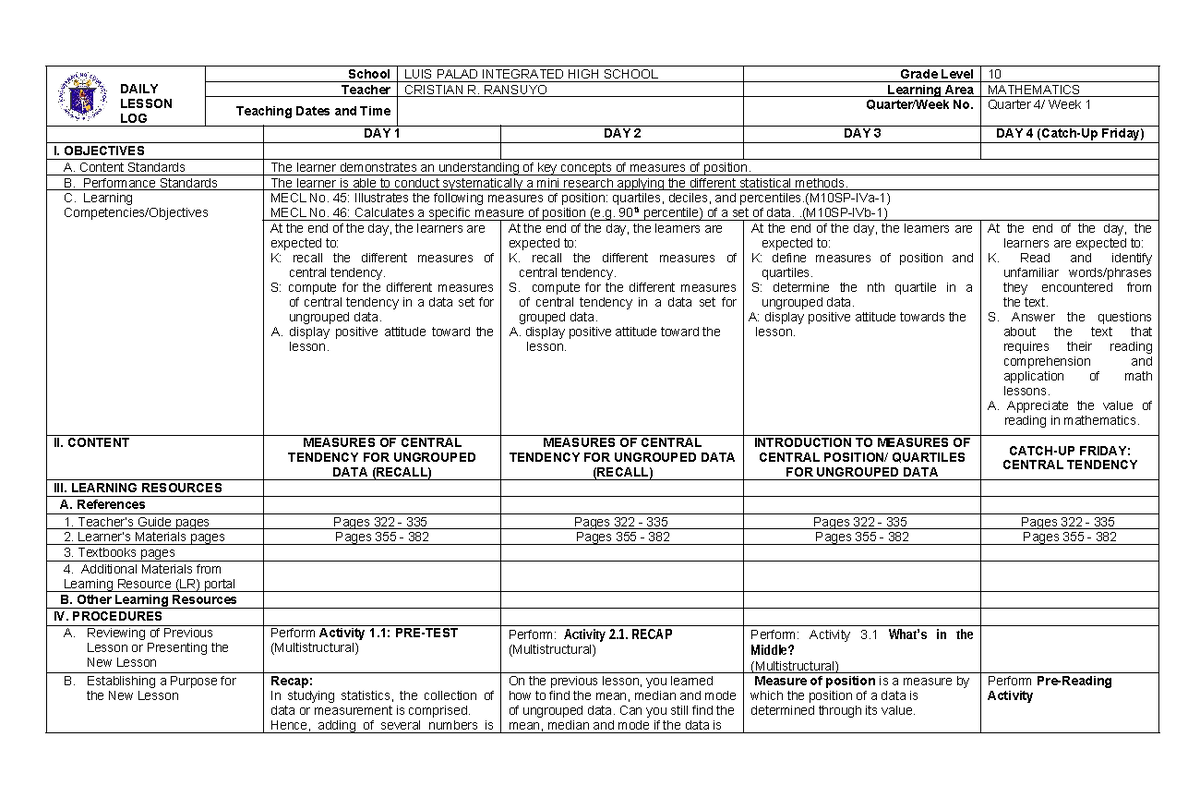 Math 10-DLL-Q4 -Week 1 (April 1 -5) - Introduction to Measures of ...