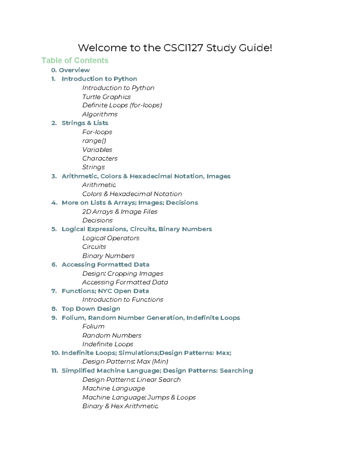 CSCI127 Study Guide - Welcome to the CSCI127 Study Guide! Table of Contents Overview ...