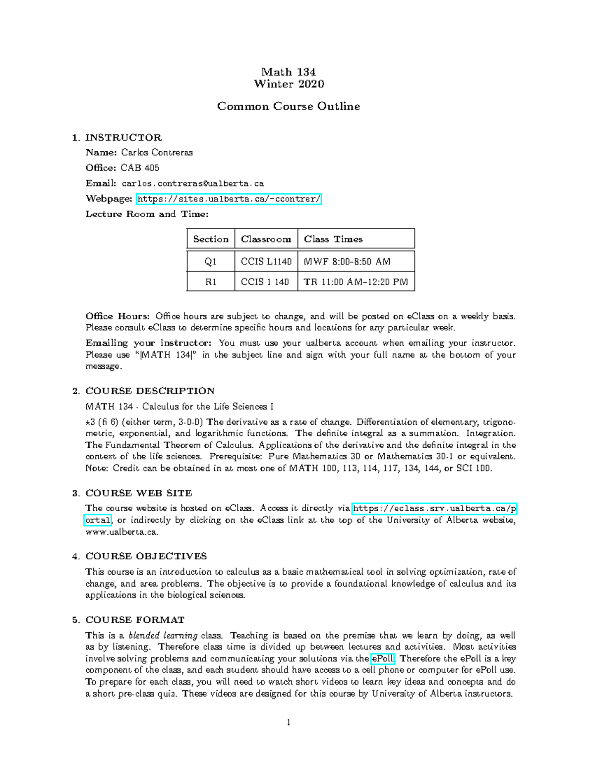 Math134 Course Outline - Math 134 Winter 2020 Common Course Outline 1 ...