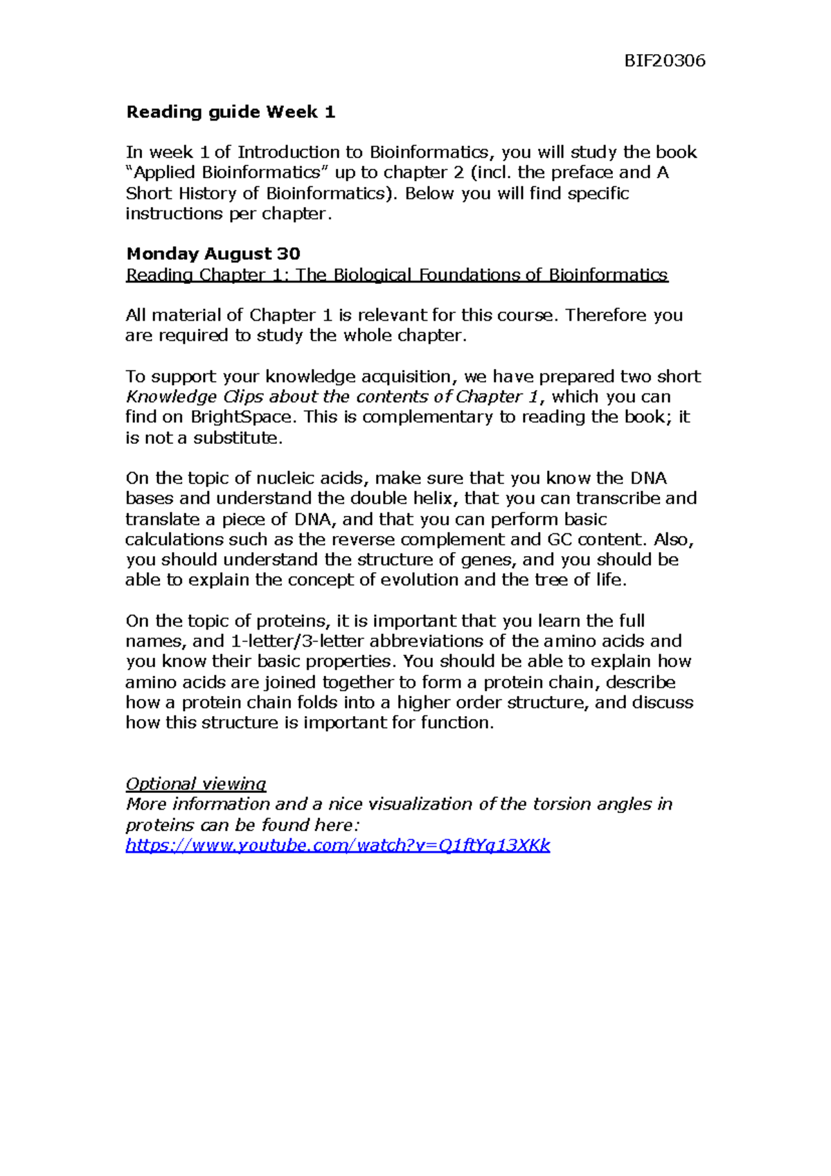 Week1 reading guide - BIF Reading guide Week 1 In week 1 of Introduction to Bioinformatics, you ...