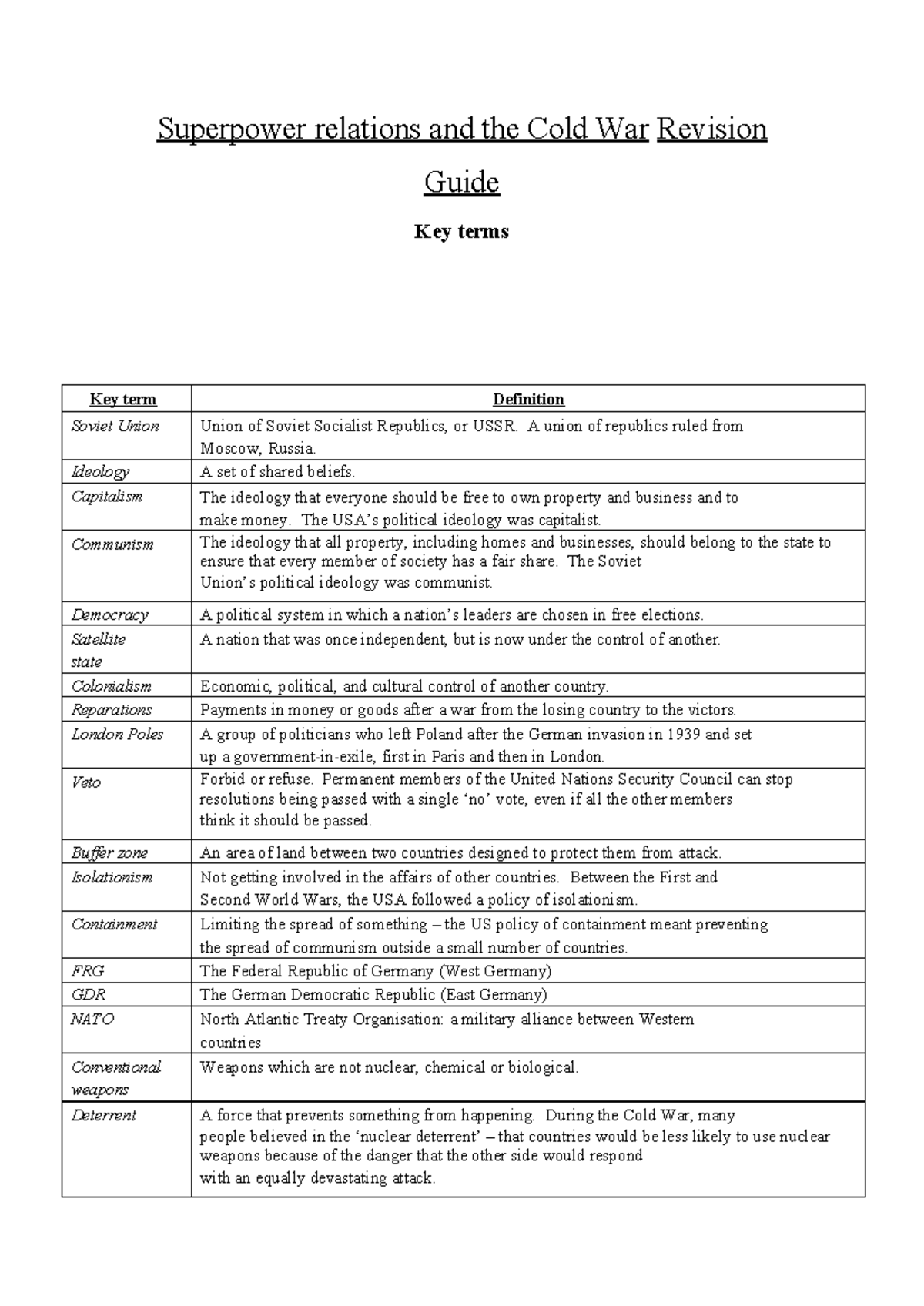 Year 12 History Revision Booklet cold war - Superpower relations and ...