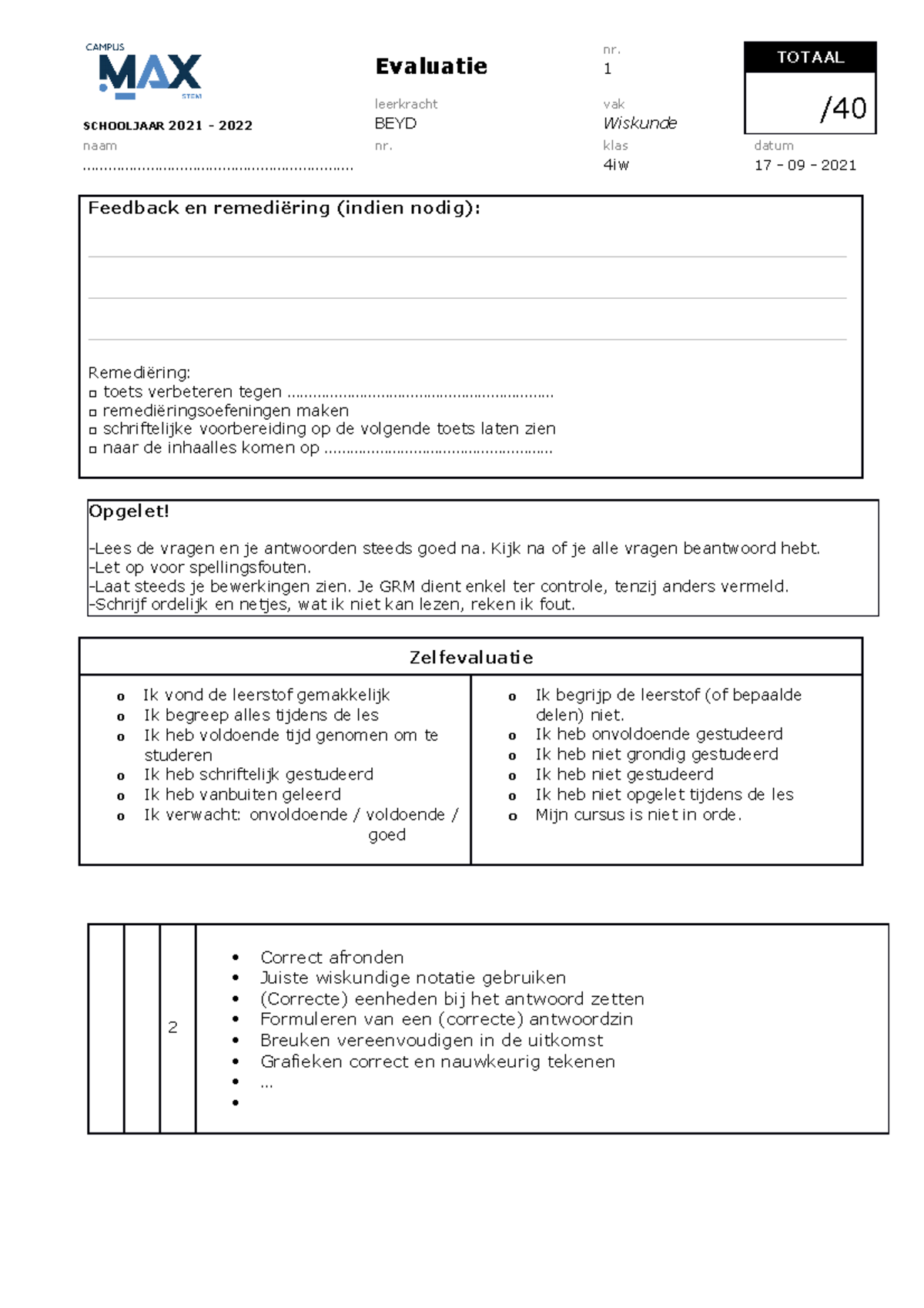 Toets 4iw H1.1 twee lesuren - SCHOOLJAAR 2021 - 2022 Evaluatie nr. 1 TOTAAL leerkrachtBEYD vak ...