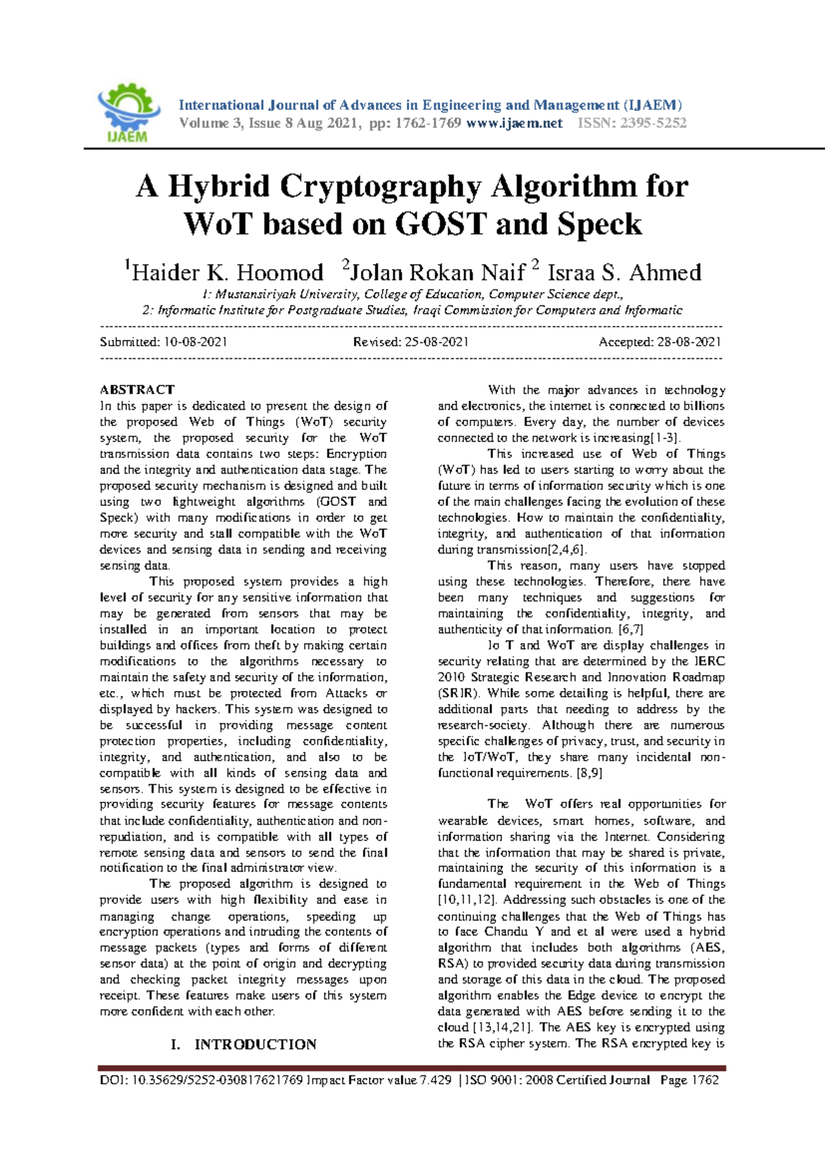 A Hybrid Cryptography Algorithm For Wo T Based On Gost And Speck Volume 3 Issue 8 Aug 2021