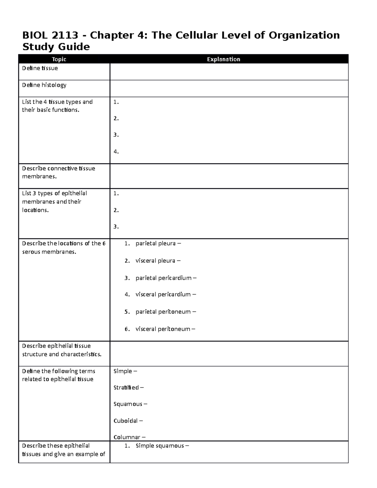 BIOL 2113 Ch4 Study Guide - BIOL 2113 - Chapter 4: The Cellular Level ...
