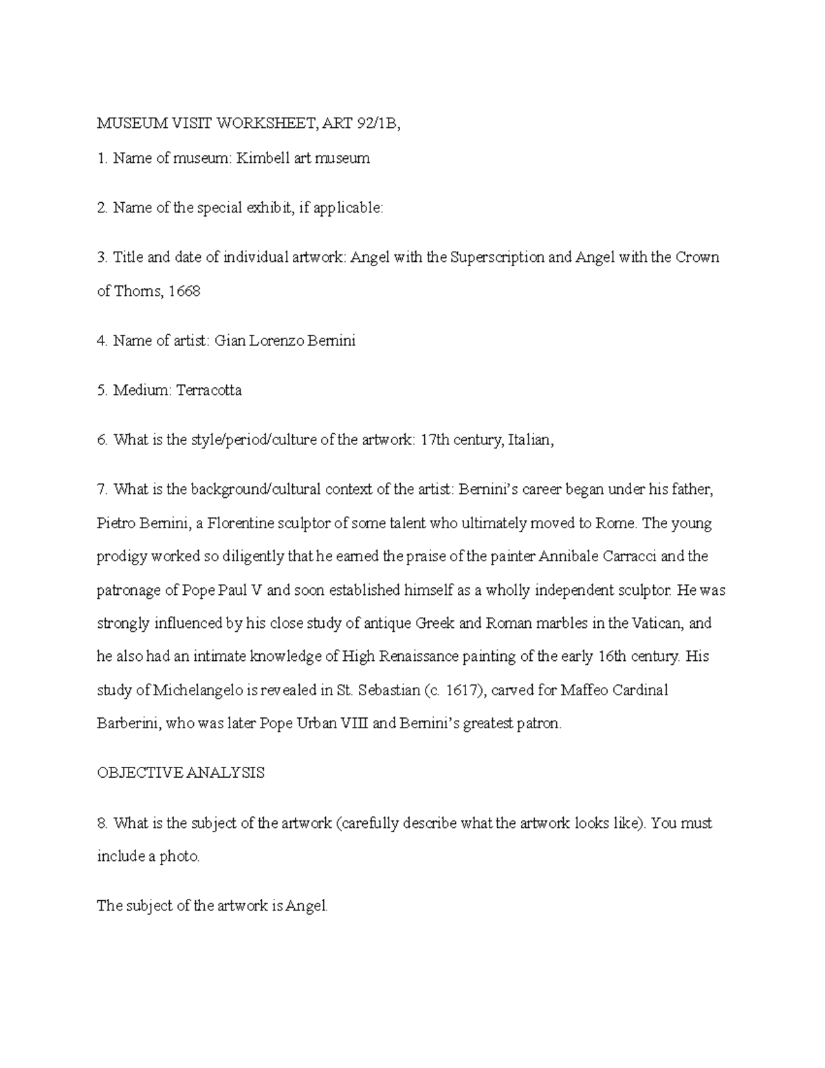 Art 91 Museum Visit Worksheet - MUSEUM VISIT WORKSHEET, ART 92/1B, Name ...