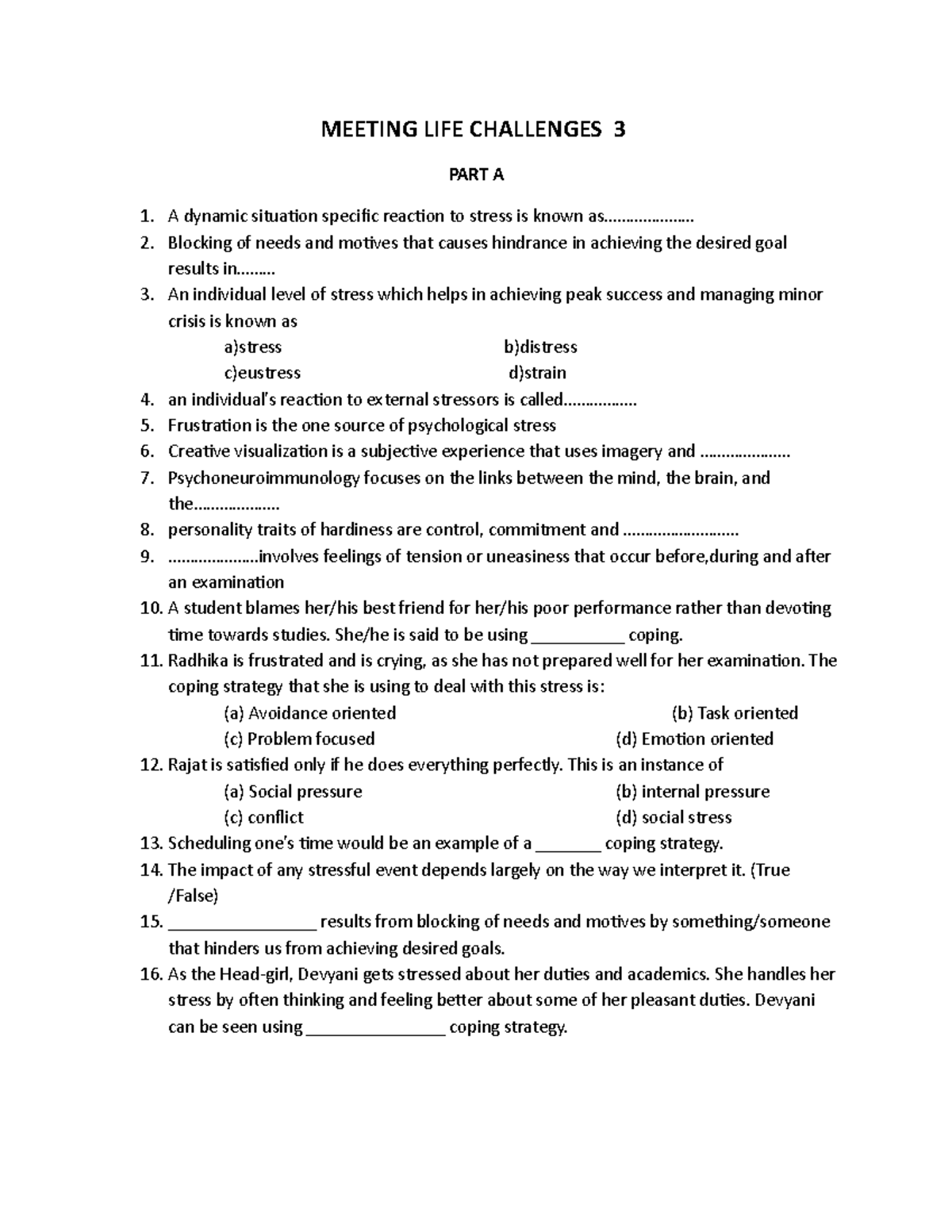 Stress - Worksheet - MEETING LIFE CHALLENGES 3 PART A A dynamic ...