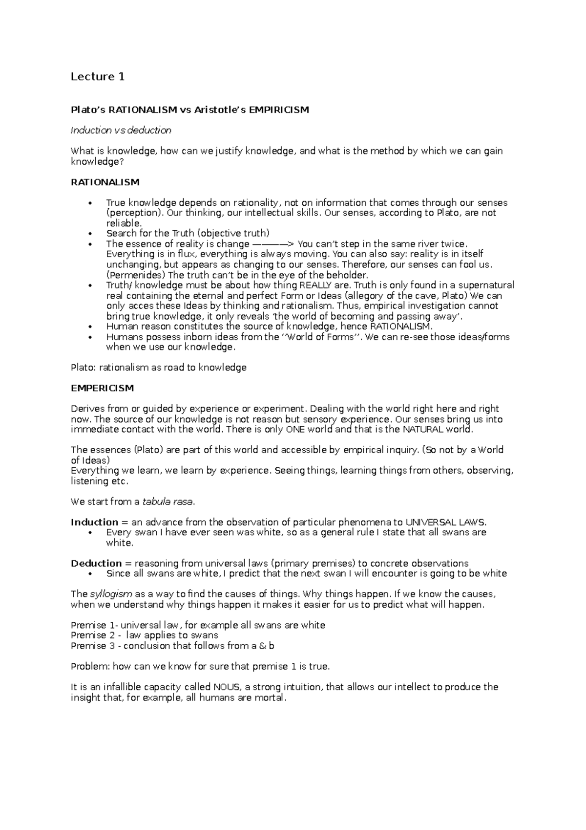 Summary Lectures Academic Skills - Lecture 1 Plato’s RATIONALISM vs ...
