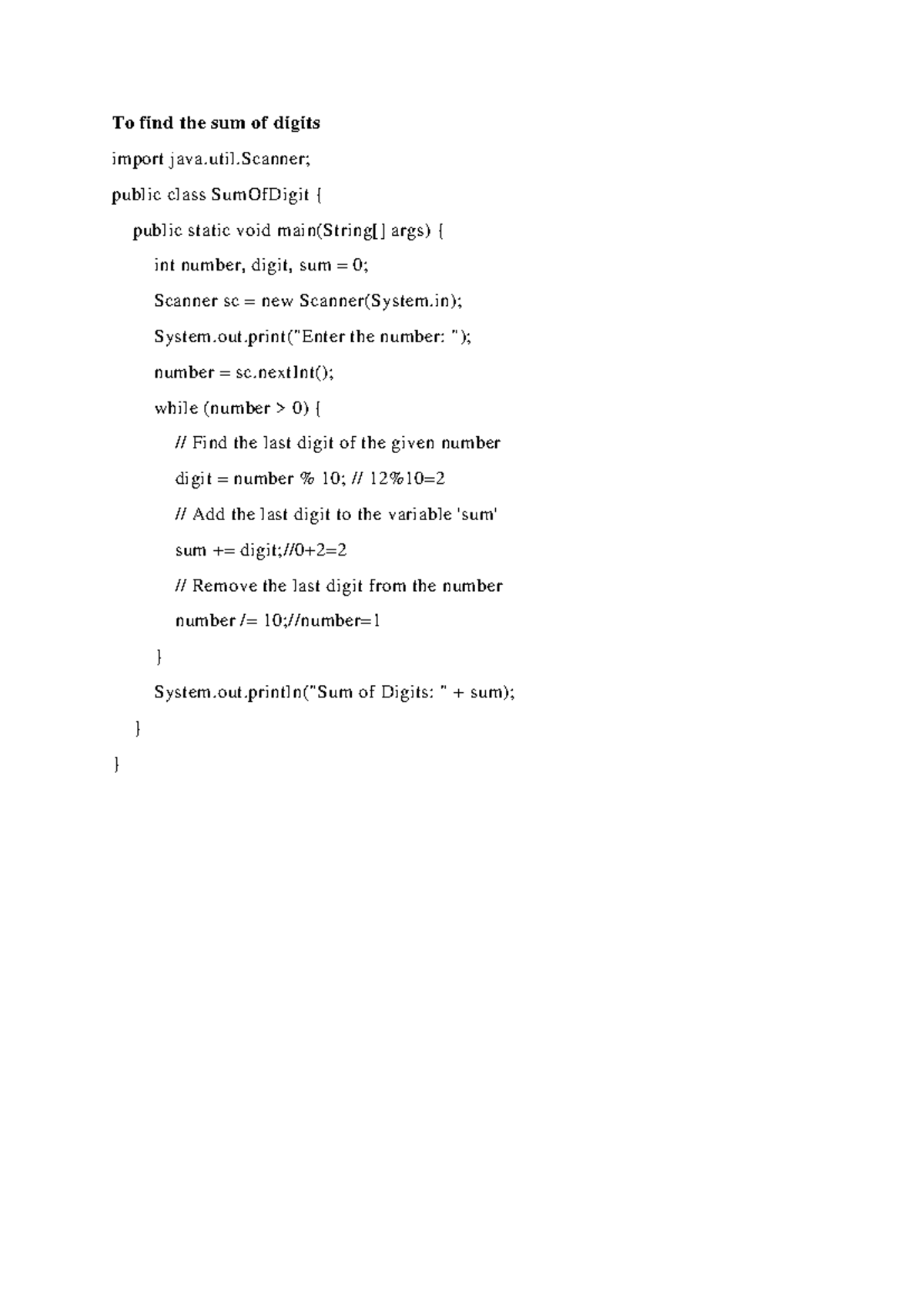 Java Programs Edt To Find The Sum Of Digits Import Javautil Public Class Sumofdigit Public
