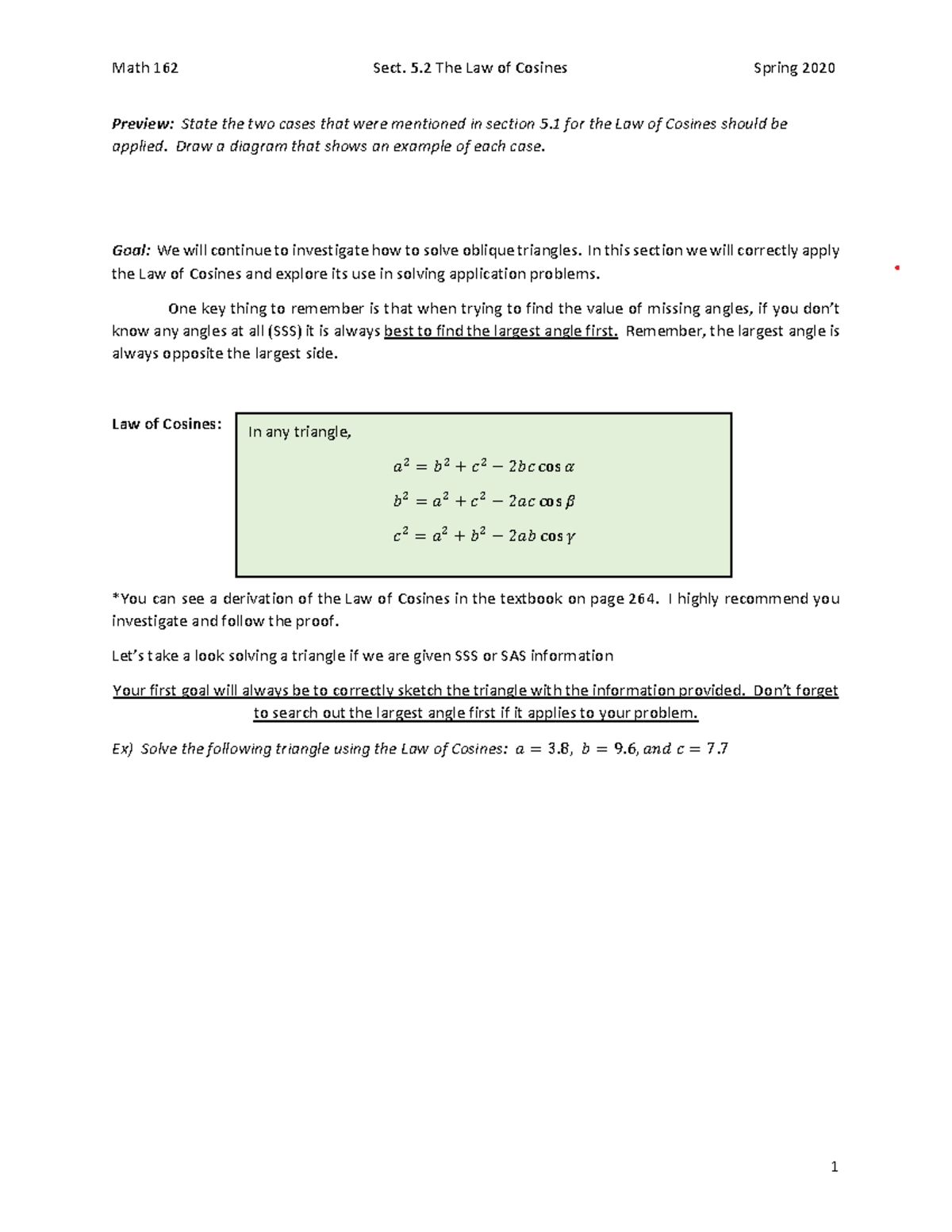 Math 162- Sect. 5.2 Notes - Math 162 Sect. 5 The Law of Cosines Spring ...