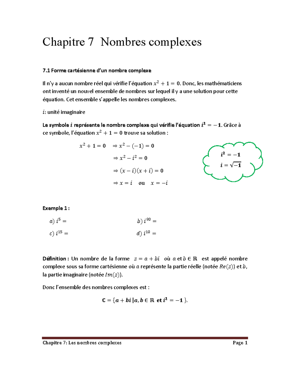 Chapitre 7 240408 113323 - Chapitre 7 Nombres complexes 7 Forme ...