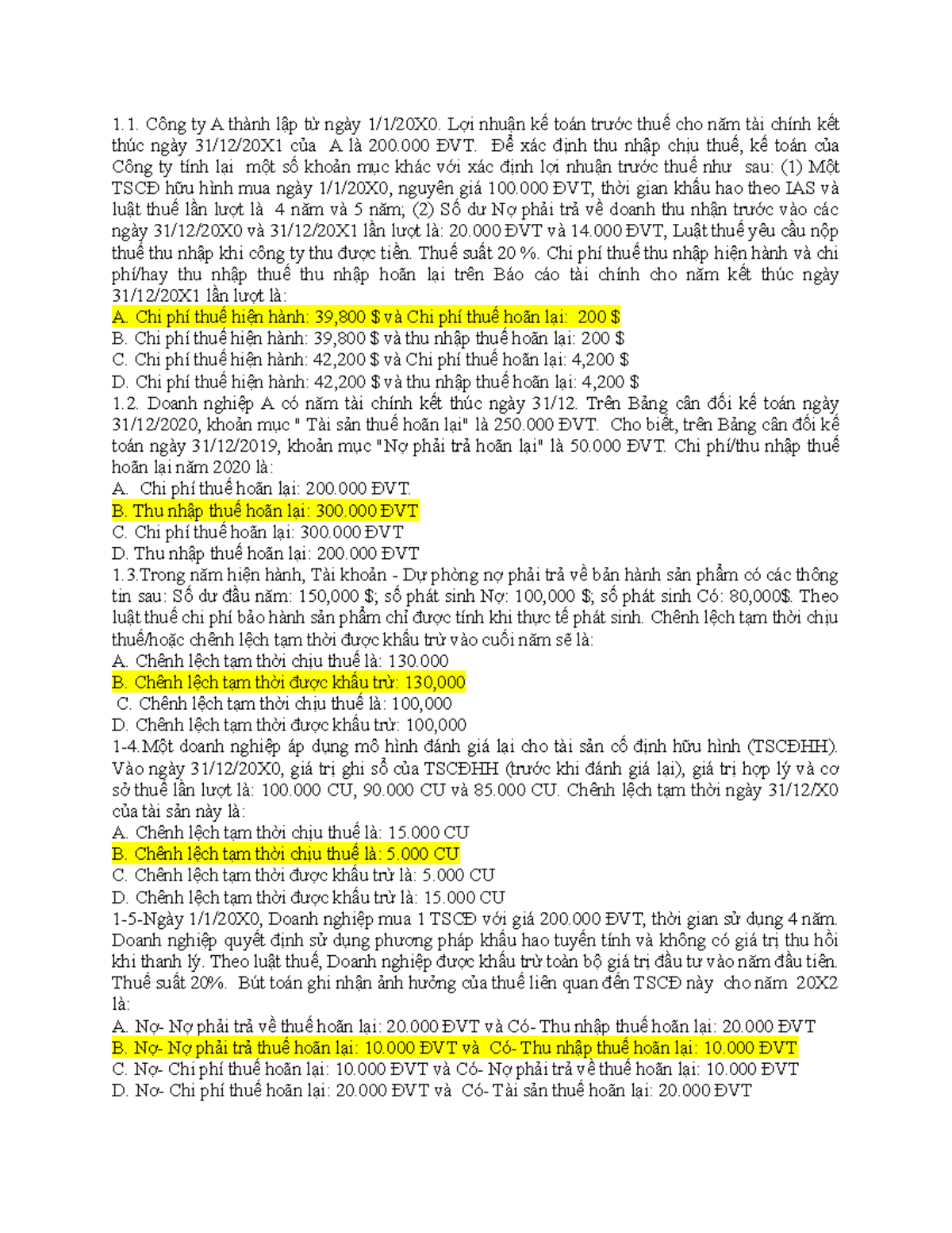 CHTN-TV1-IAS12- SV - cô Thu Hiền - Công ty A thành lập từ ngày 1/1/20X0 ...