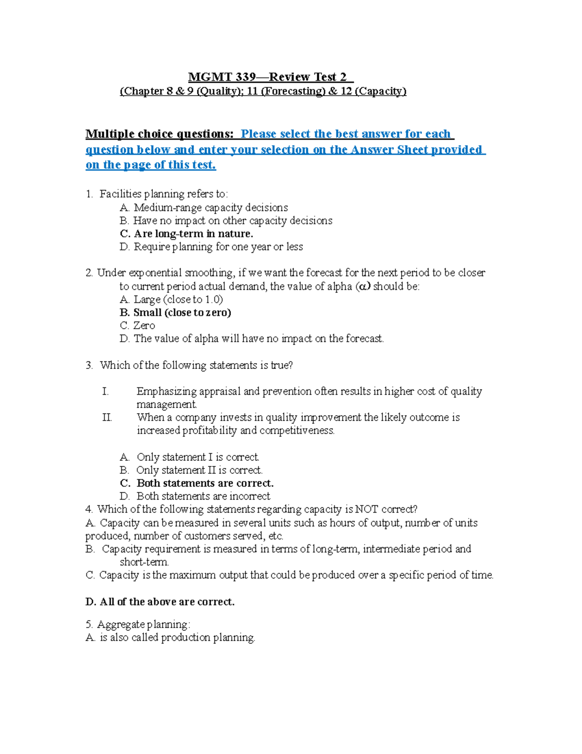 MGMT339 Review test 2 - HW help - MGMT 339—Review Test 2 (Chapter 8 & 9 ...