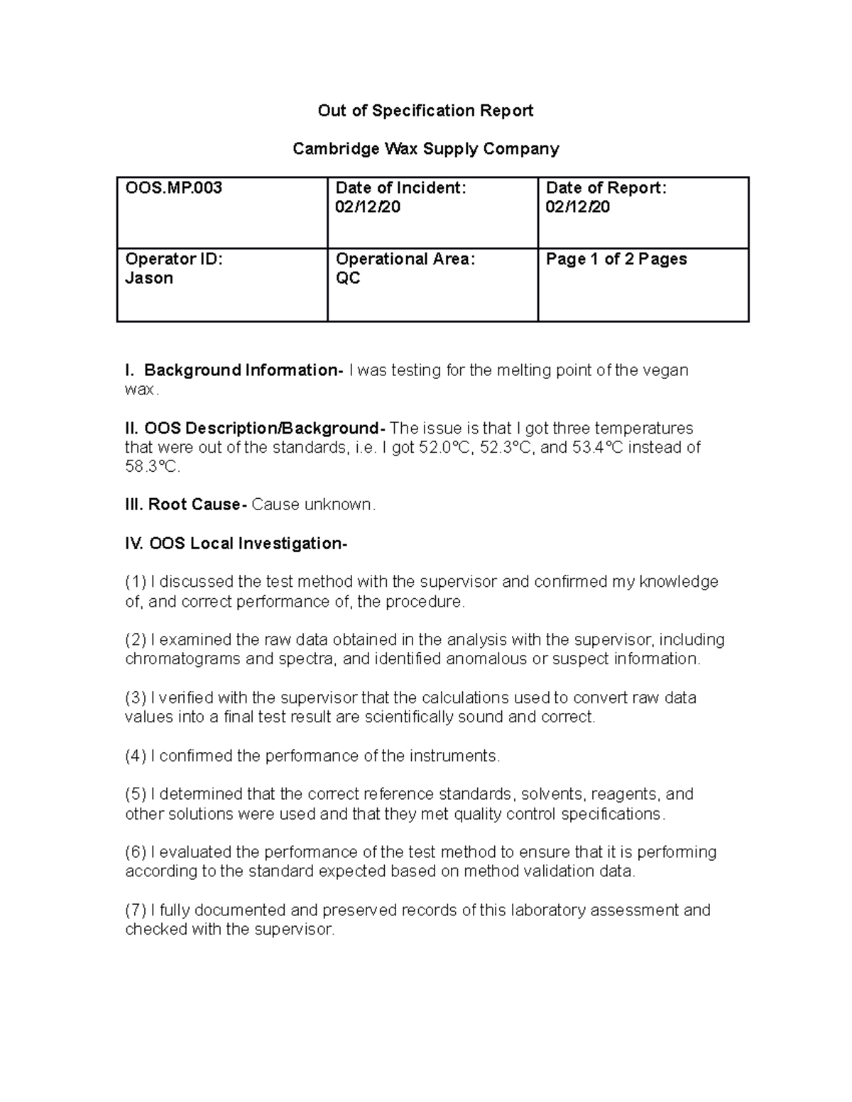 OOS-Template-Fall2020 - Out of Specification Report Cambridge Wax ...
