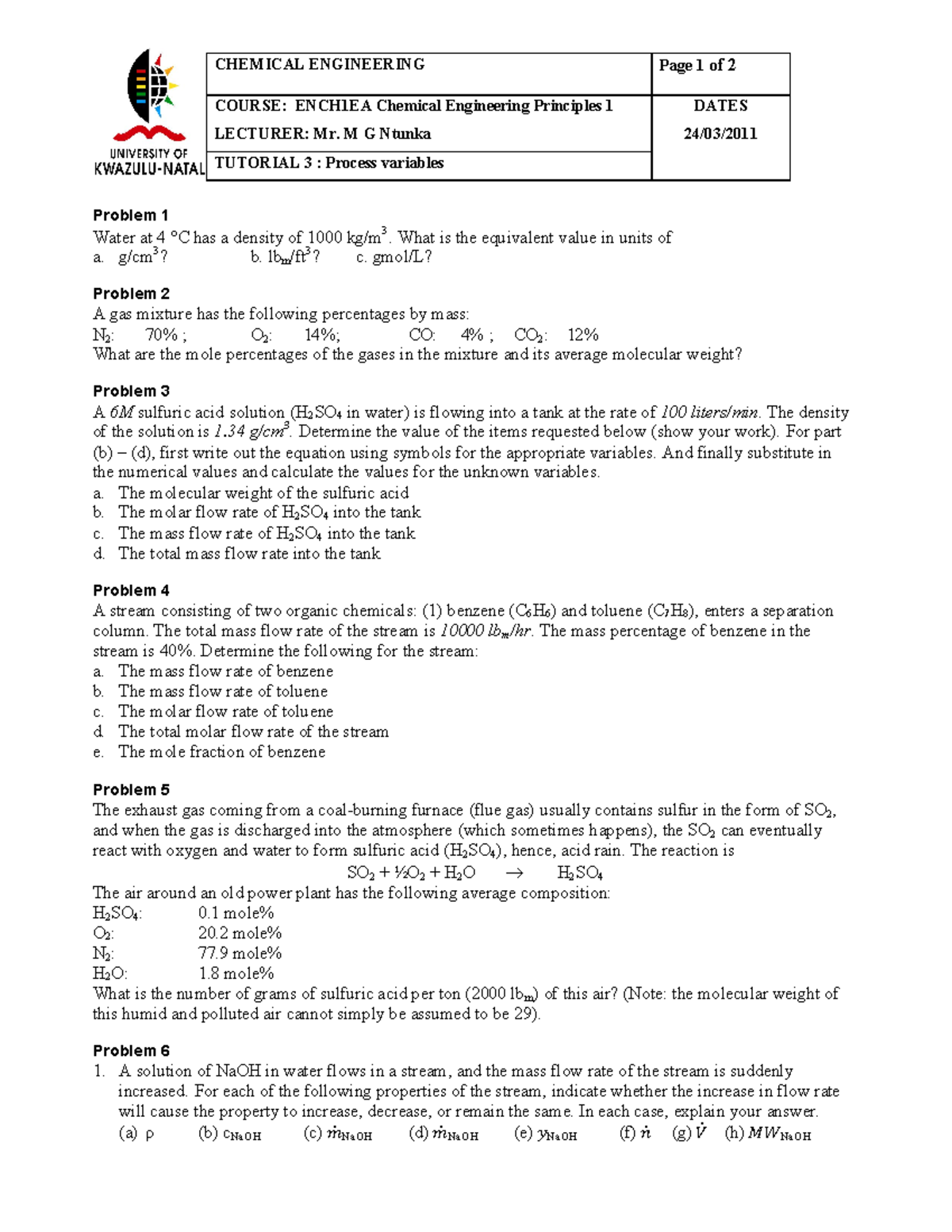Tutorial 3 - 2011 chemical engineering principles 1 - CHEMICAL ...