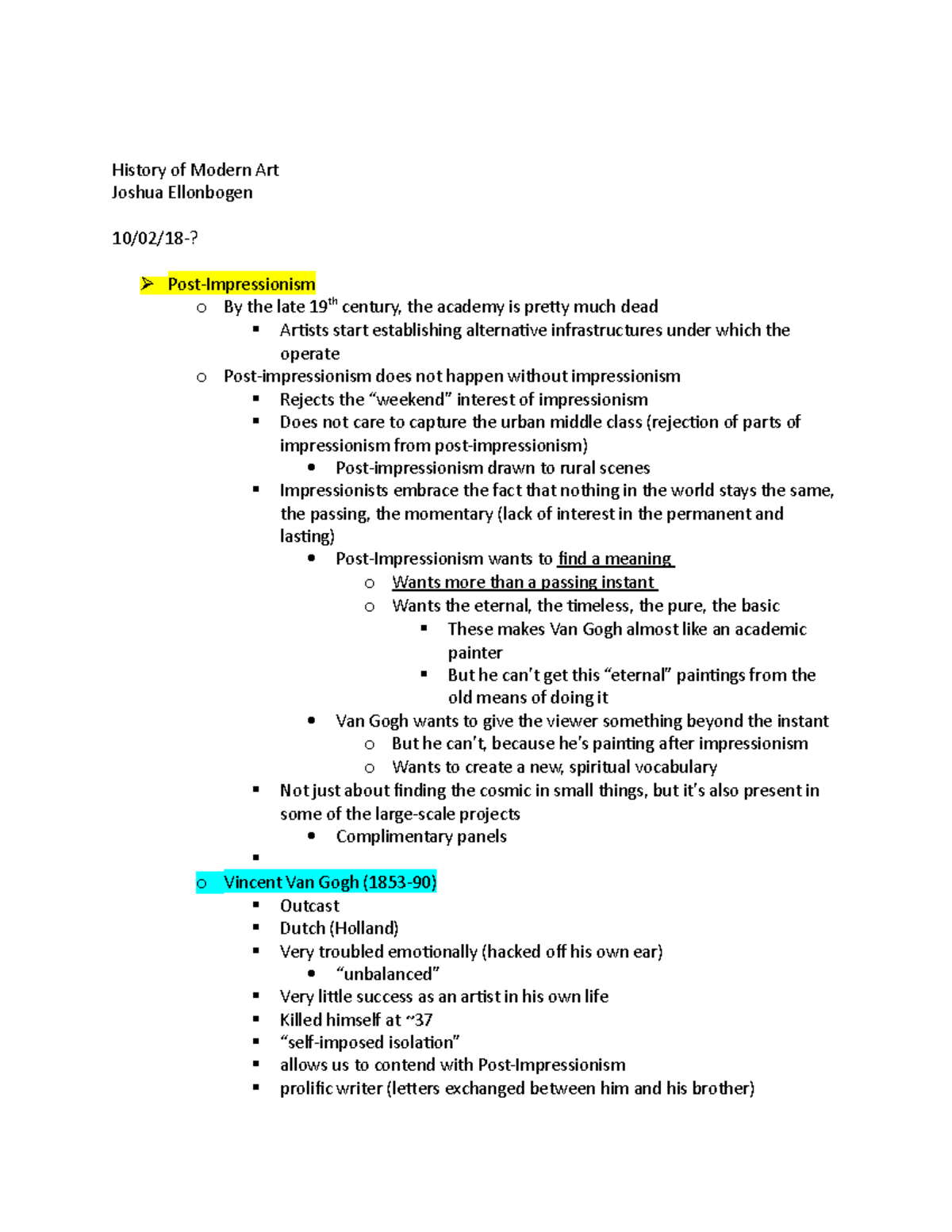 History of Modern Art Class Notes for Exam 2 - History of Modern Art ...