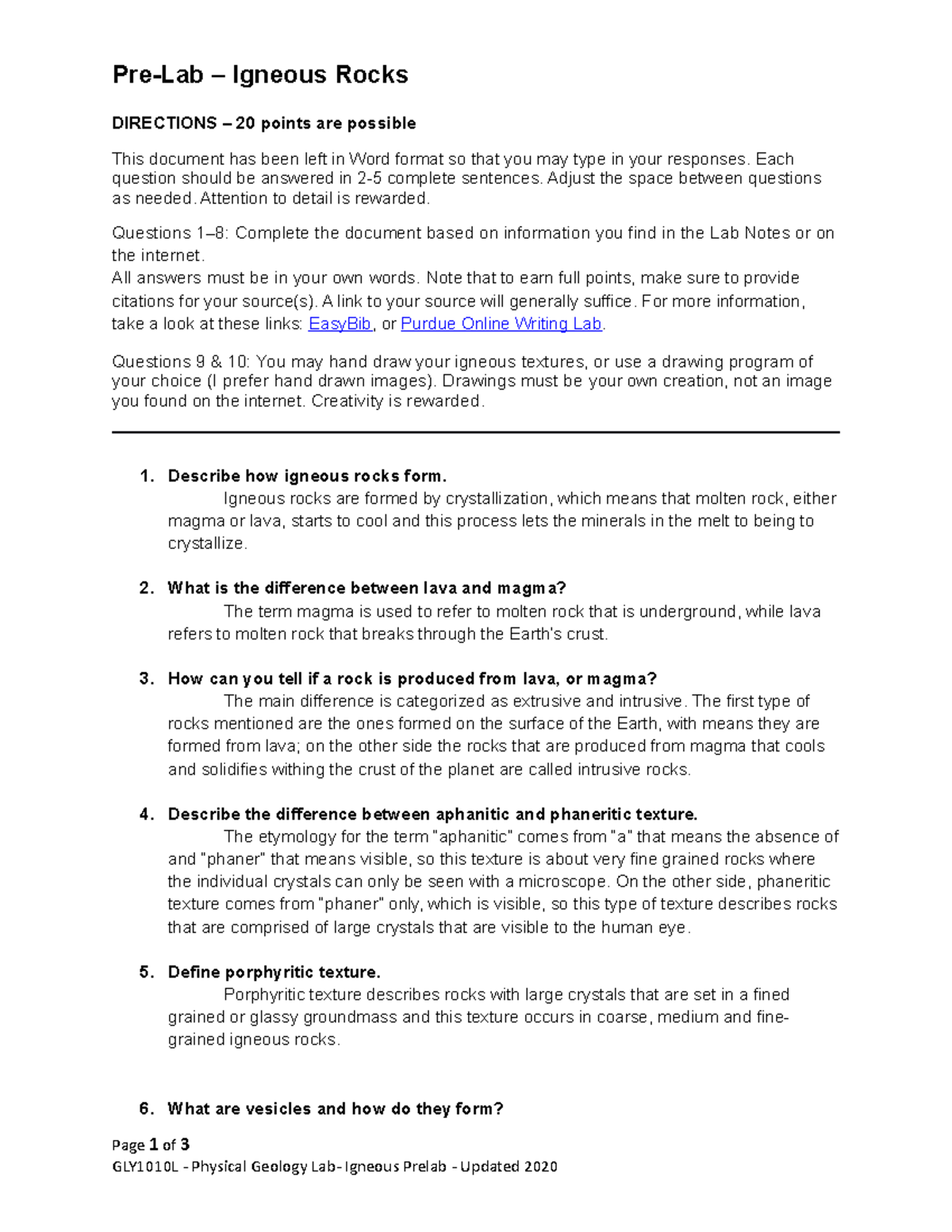 L5- Igneous - Pre-Lab – Igneous Rocks DIRECTIONS – 20 points are ...