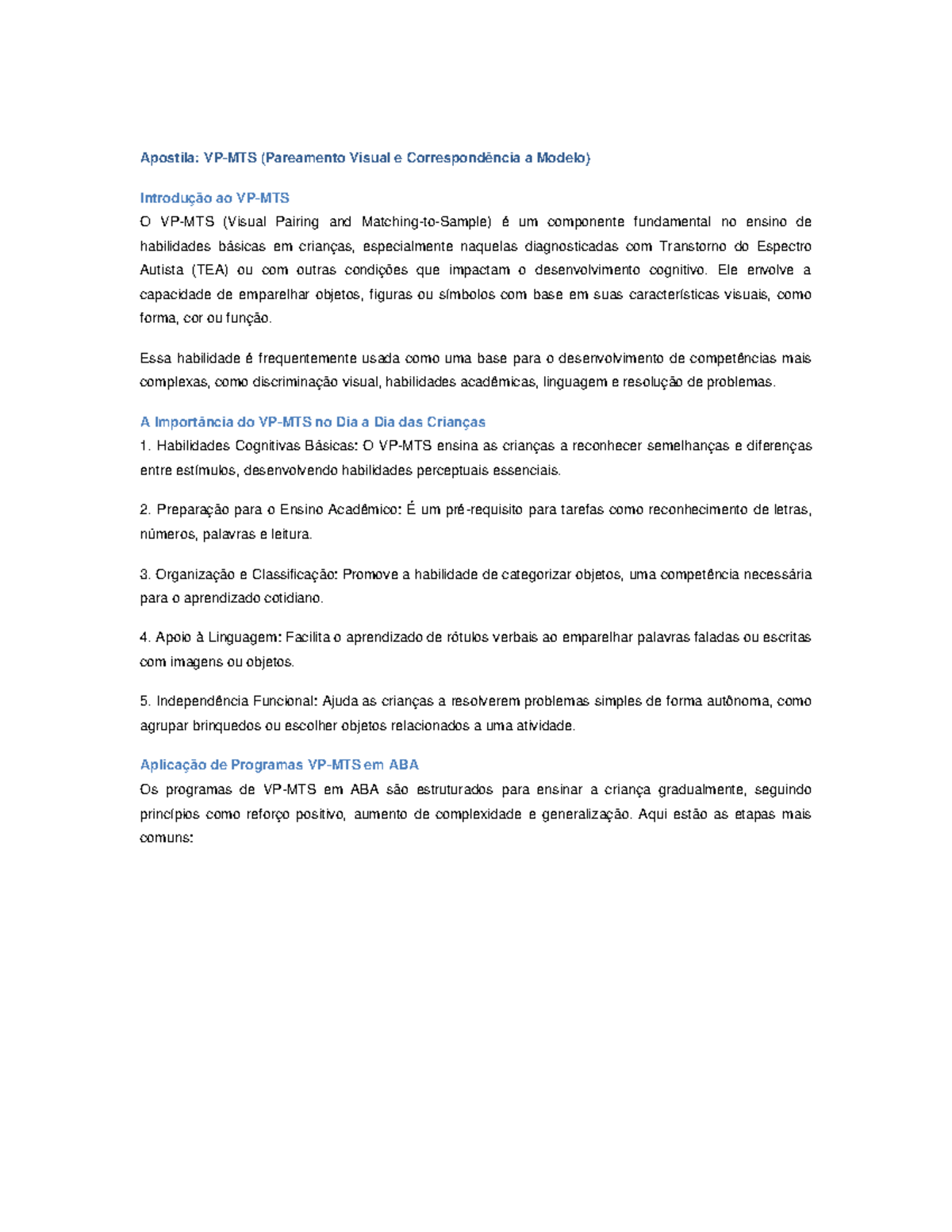 VP-MTS Apostila - Resumo terapia aba, conteudo vp-mts - Apostila: VP ...