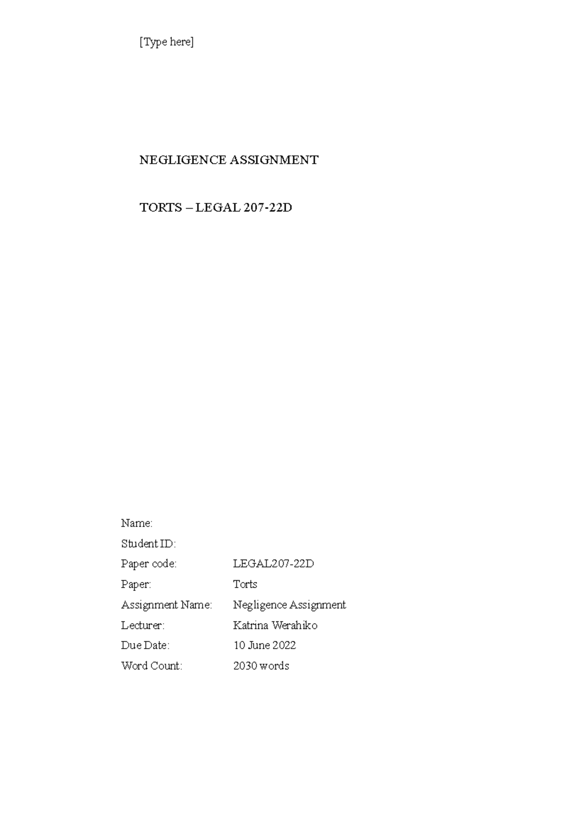 Tort Negligence Assignment - [Type here] NEGLIGENCE ASSIGNMENT TORTS ...