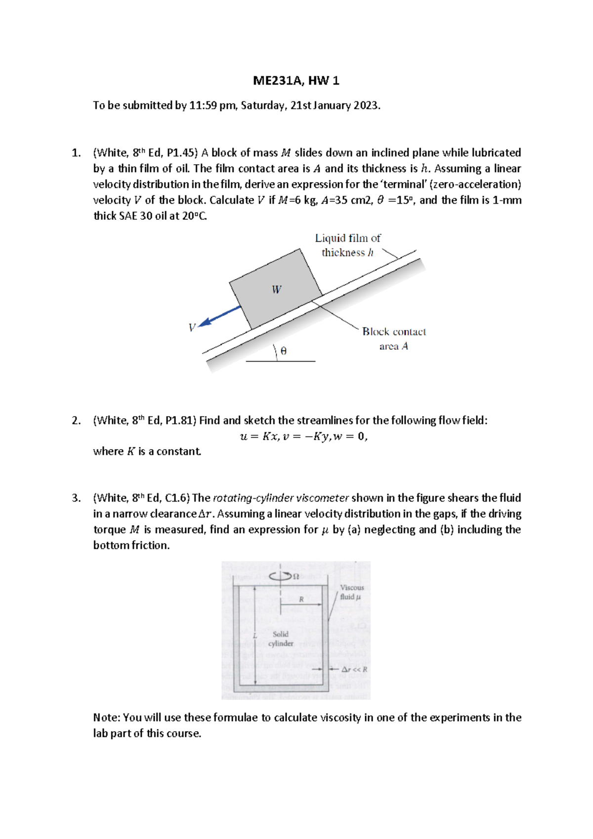 ME231 A HW1 - ASSIGNMENT - ME231A, HW 1 To be submitted by 11:59 pm, Saturday, 21st January 2023 ...