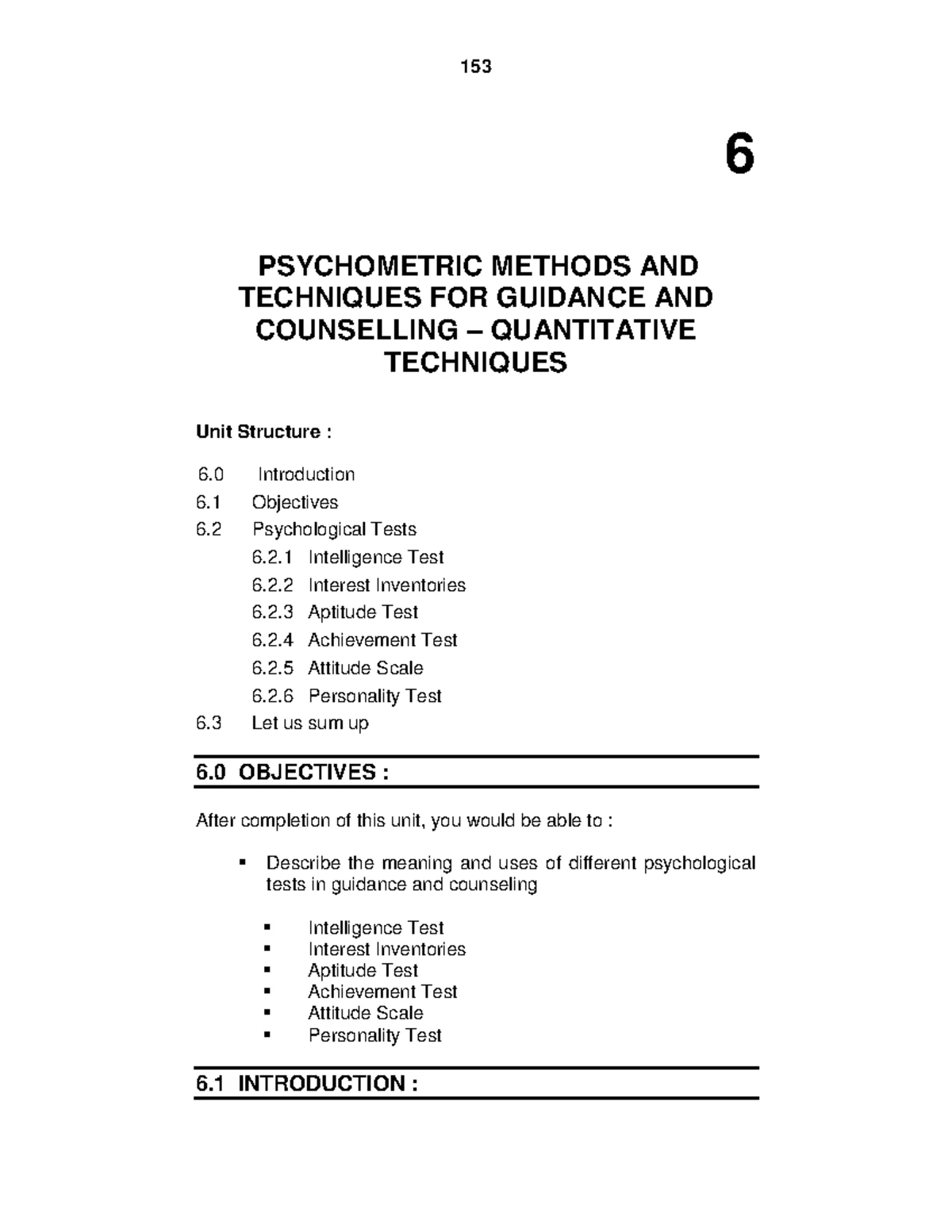 Psychometric Methods unit 6 - 6 PSYCHOMETRIC METHODS AND TECHNIQUES FOR GUIDANCE AND COUNSELLING ...