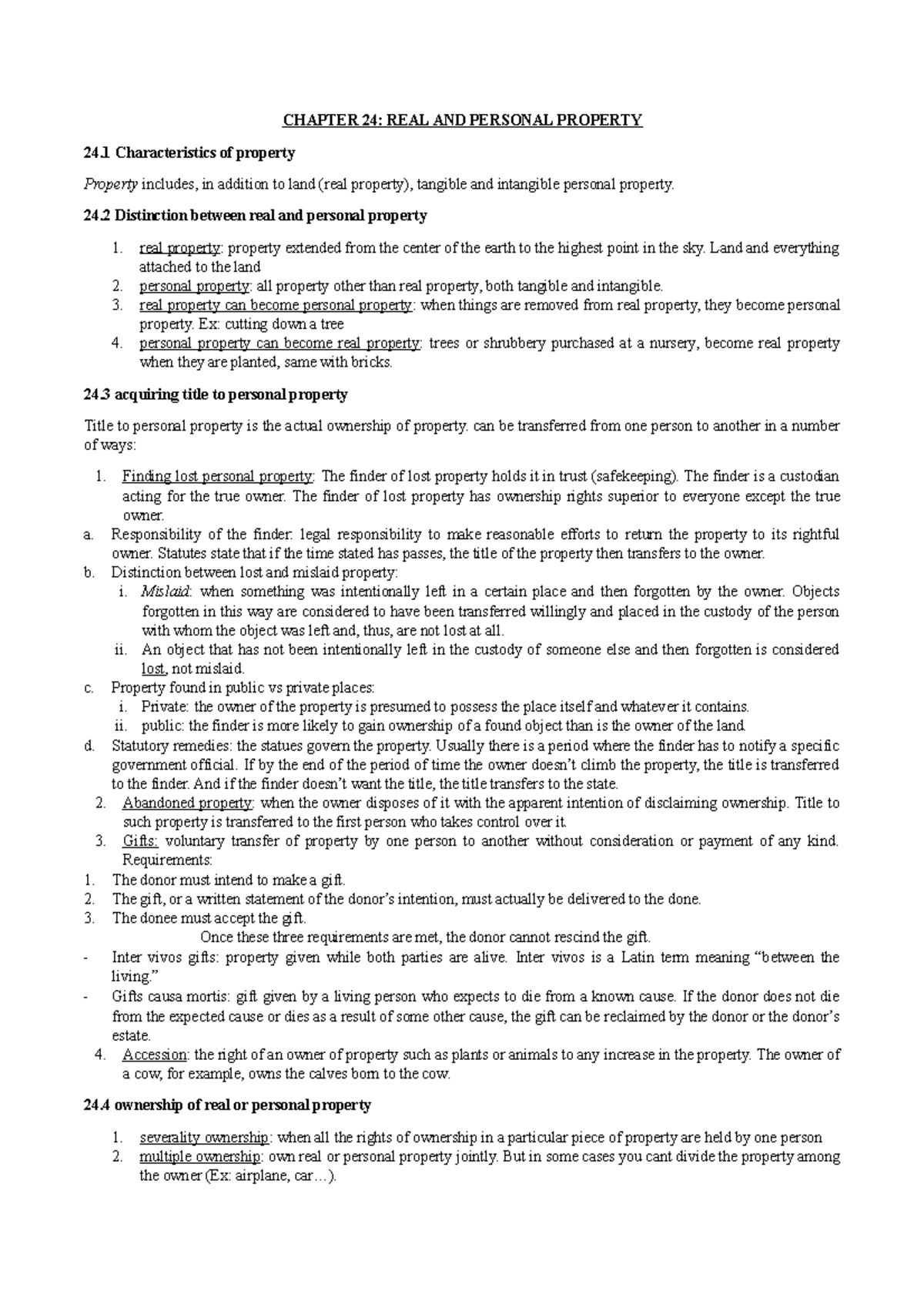 EXAM 4 - chapters 24,26 and 28 - CHAPTER 24: REAL AND PERSONAL PROPERTY ...