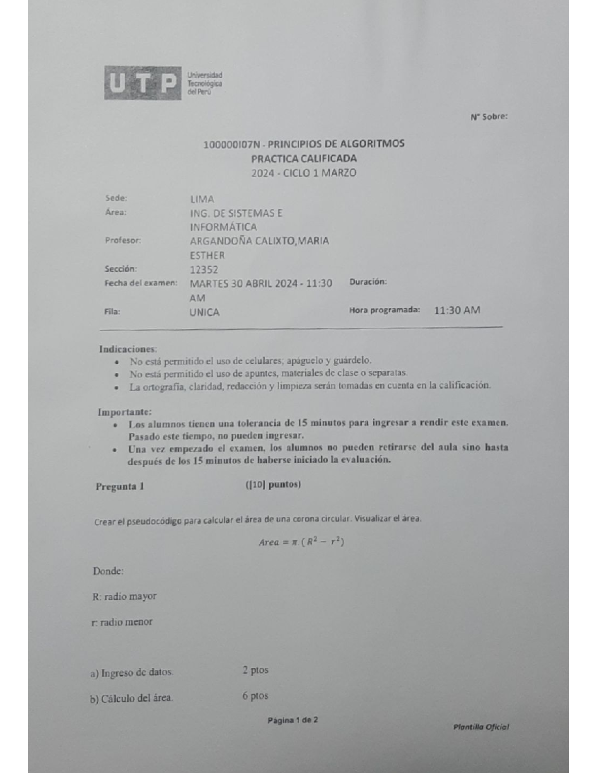 PC1-Principios de algoritmos 2024-1 - Universidad UTP Tecnológica del Perú Sobre: PRINCIPIOS DE ...