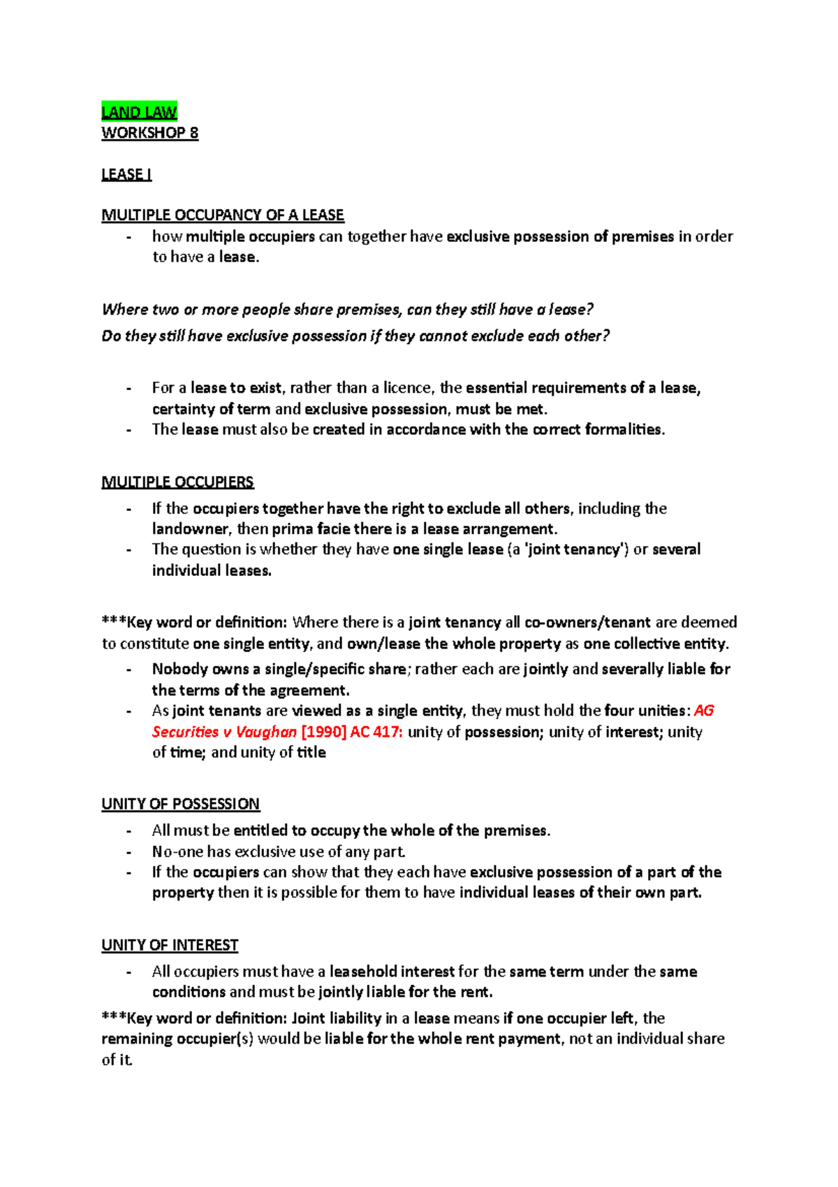 Multiple Occupancy OF A Lease - LAND LAW WORKSHOP 8 LEASE I MULTIPLE ...