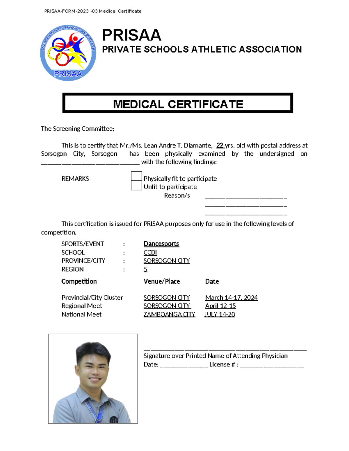 Prisaa FORM 2016 03 Medical Certificate - PRISAA PRIVATE SCHOOLS ...