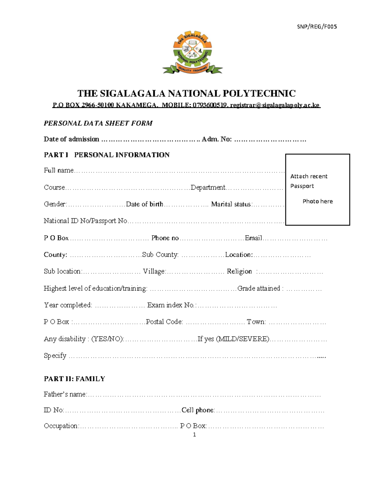 Students Personal Details Form - SNP/REG/F 1 THE SIGALAGALA NATIONAL ...