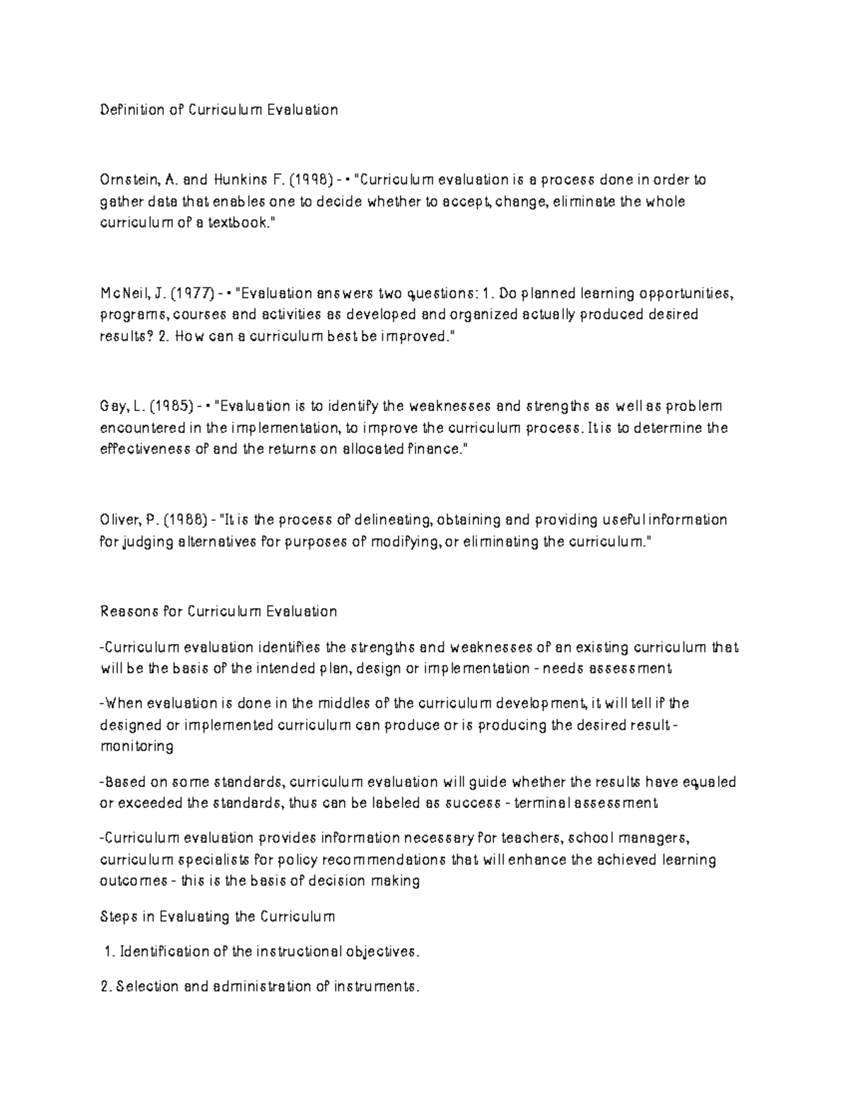 Edu532 module 20 - Definition of Curriculum Evaluation Ornstein, A. and ...