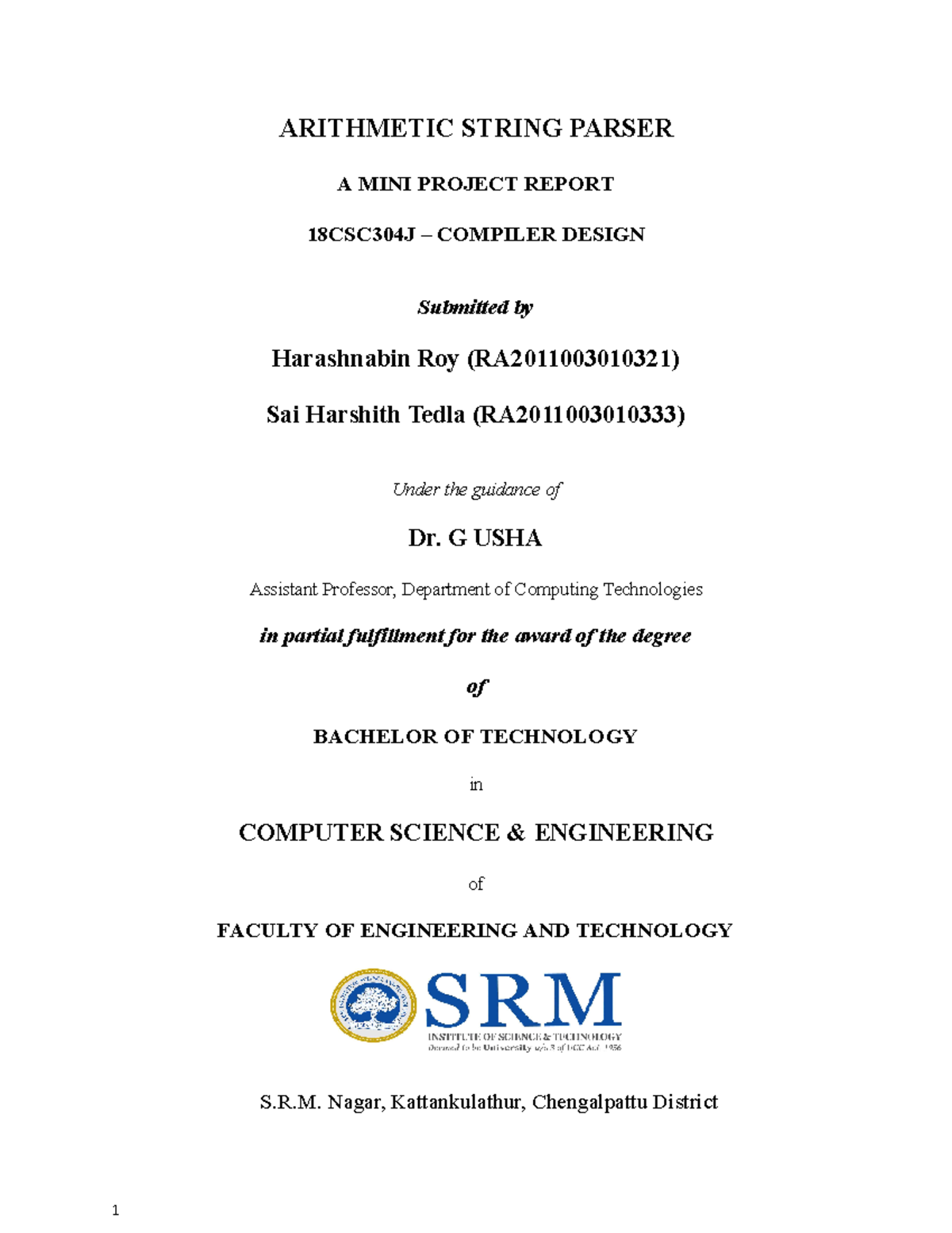 Cdp Asp Cd Project Arithmetic String Parser A Mini Project Report 18csc304j Compiler