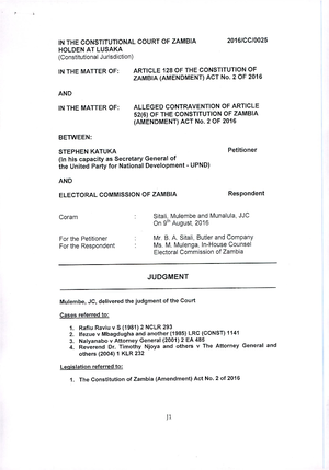 constitutional law Final Examination cases - Arthur Lubinda Wina ...