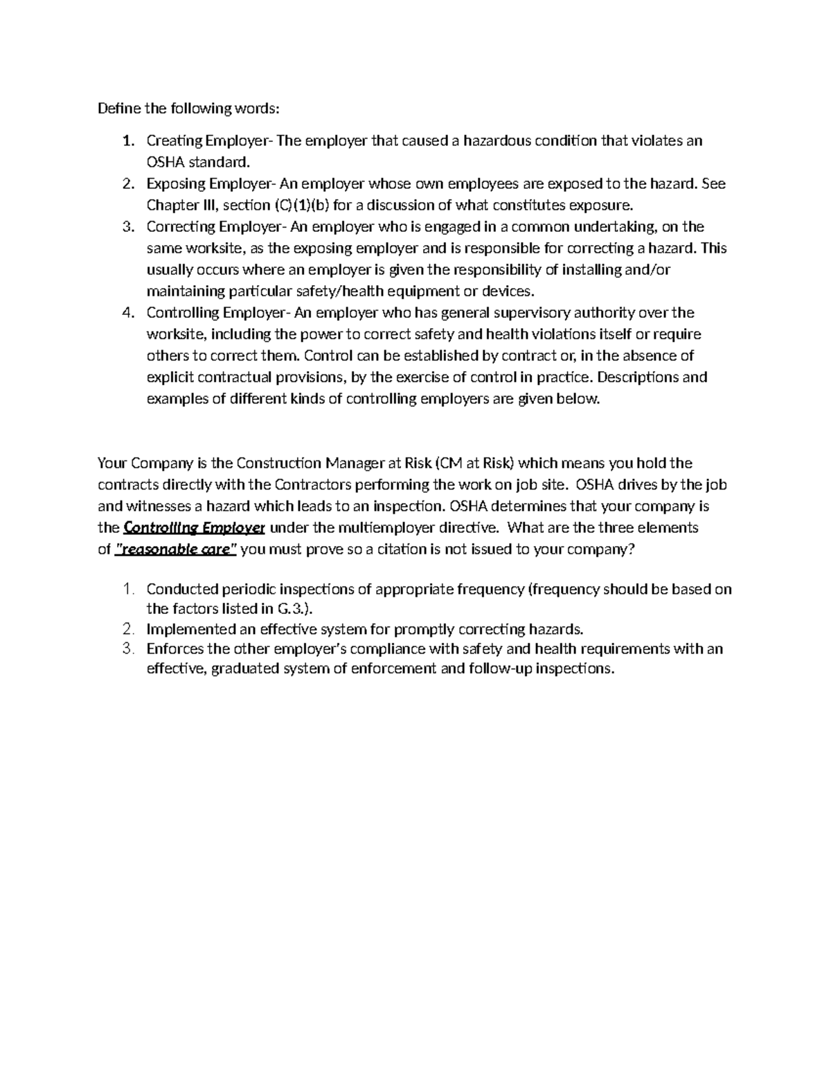 OSHA Mutliemployer Worksite - Define the following words: 1. Creating ...