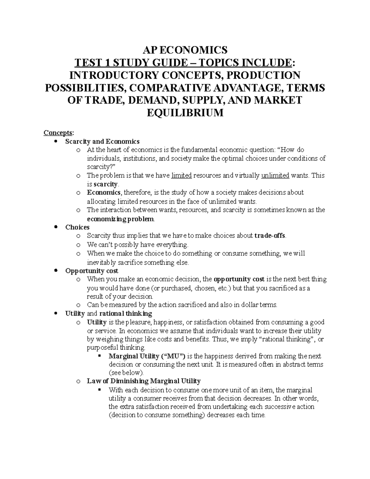 15 Test 1 Study Guide - Lecture notes 1 - AP ECONOMICS TEST 1 STUDY ...