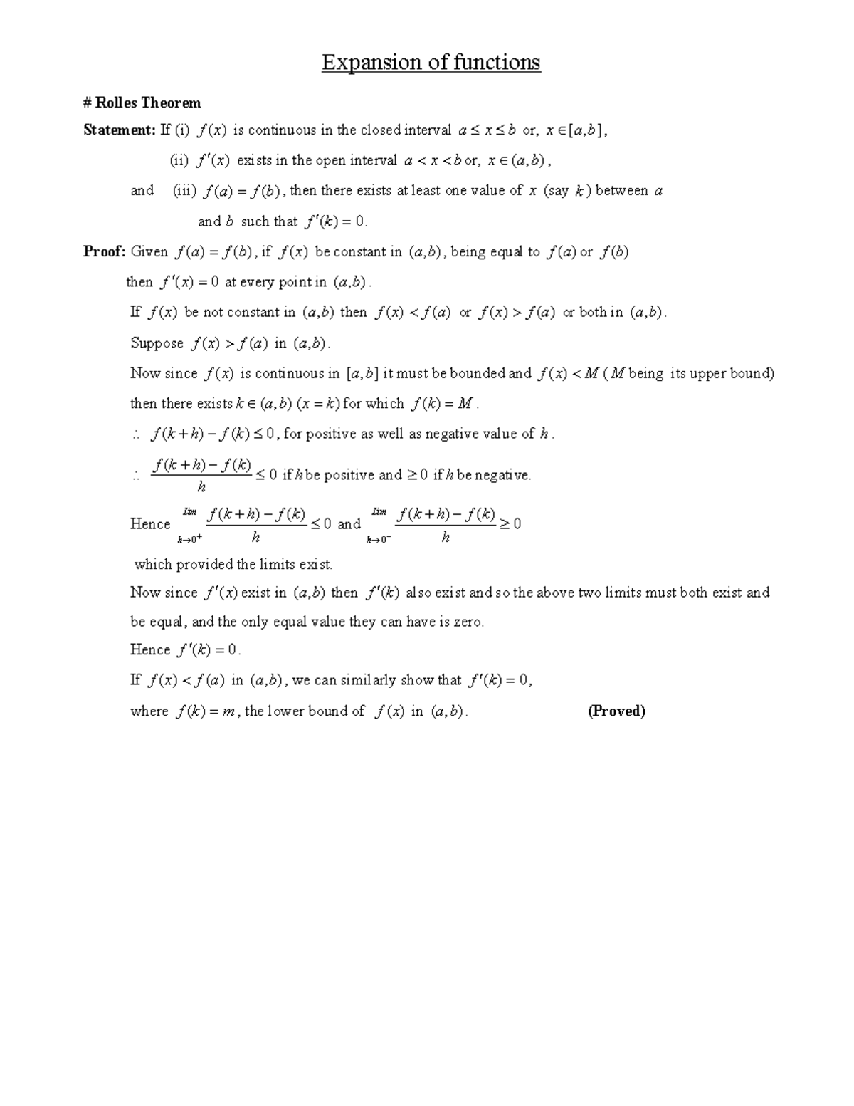 Lecture 3 Expansion Of Function Expansion Of Functions Rolles Theorem Statement If I F X
